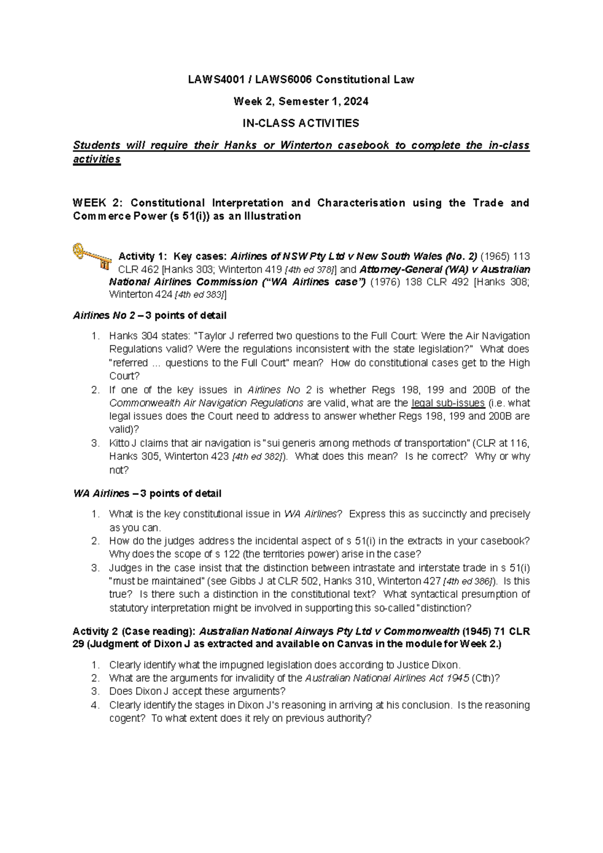 2024 Week 2 in class activities - LAWS4001 / LAWS6006 Constitutional ...