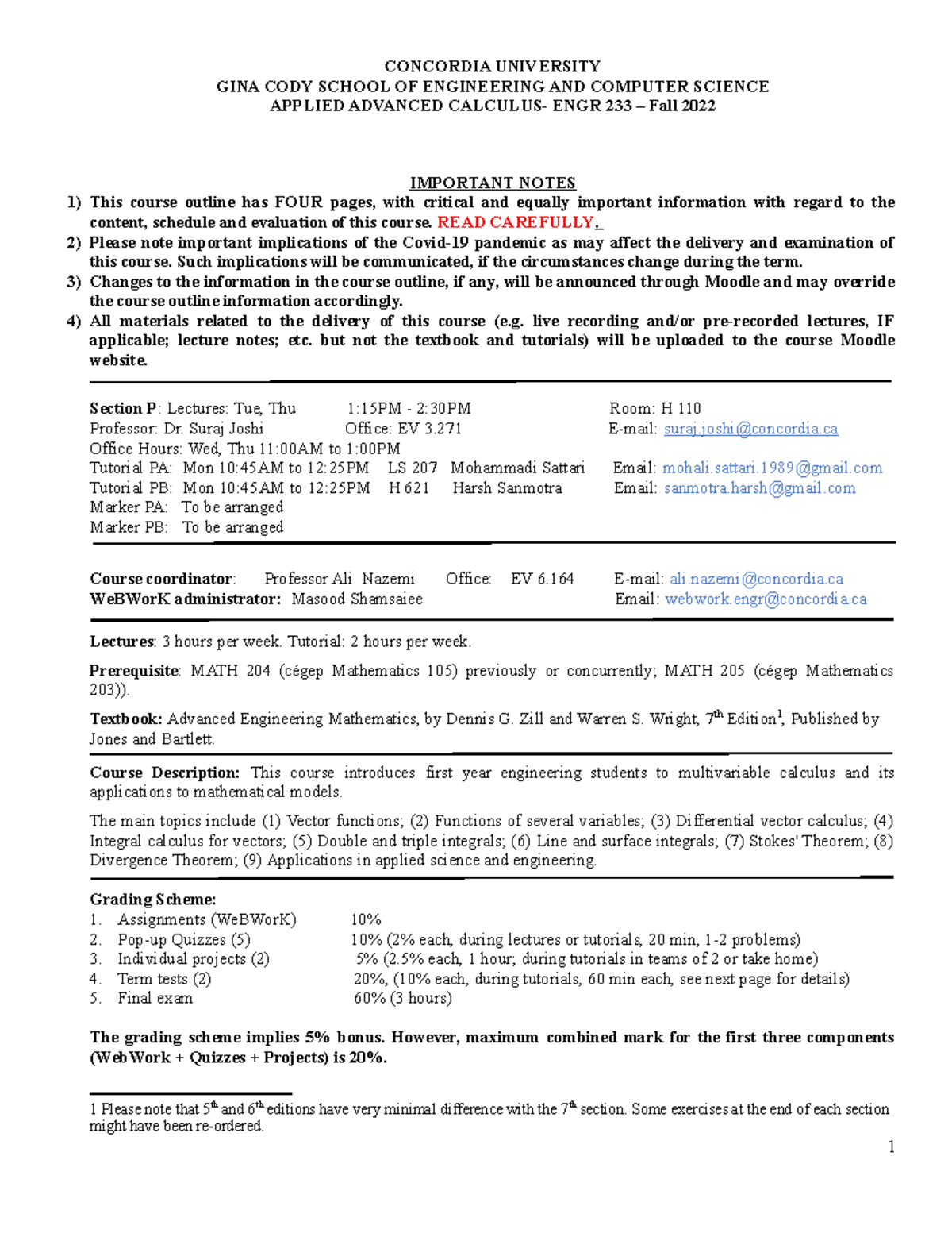 ENGR 233 outline Fall 2022 Section P - CONCORDIA UNIVERSITY GINA CODY SCHOOL OF ENGINEERING AND ...