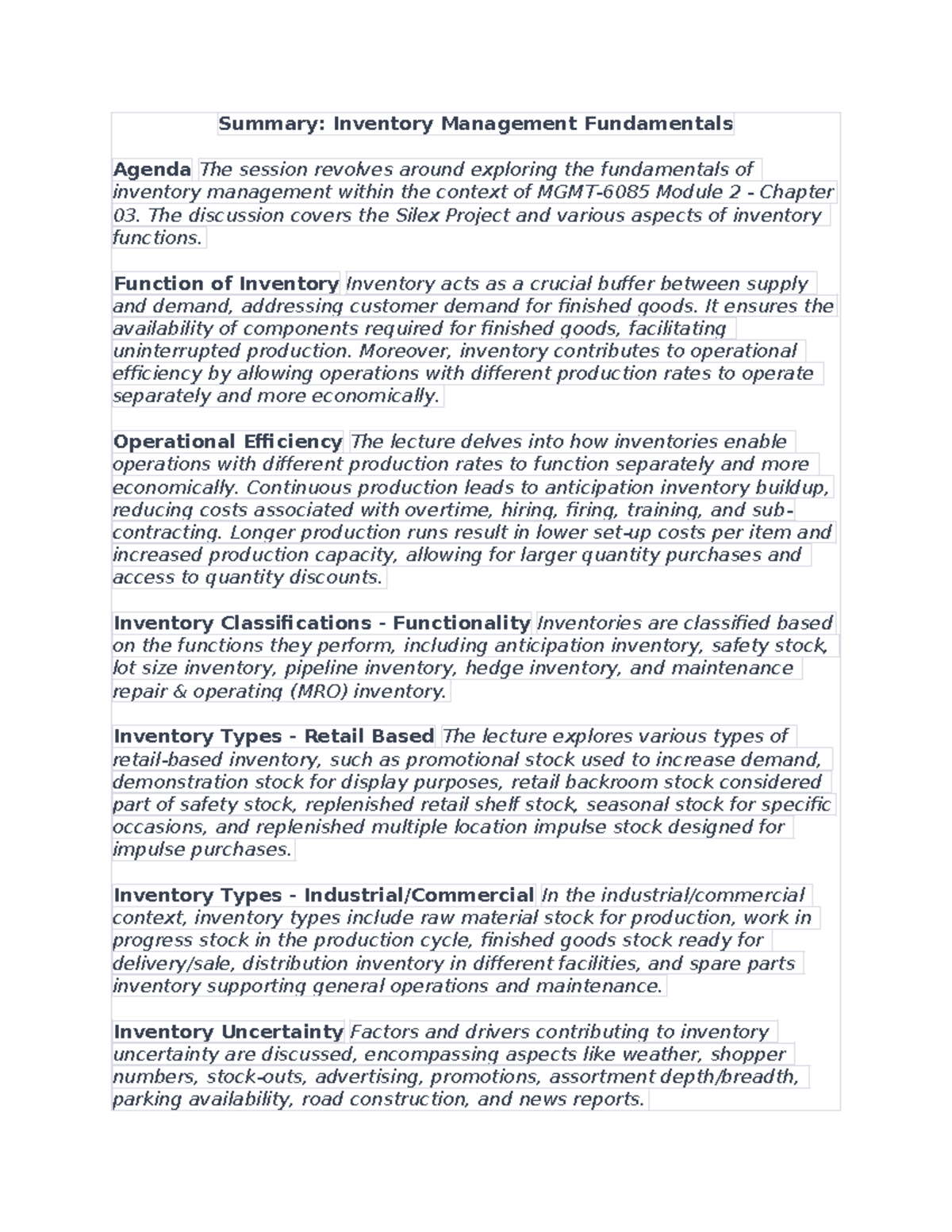 Inventory Management Fundamentals - The discussion covers the Silex ...