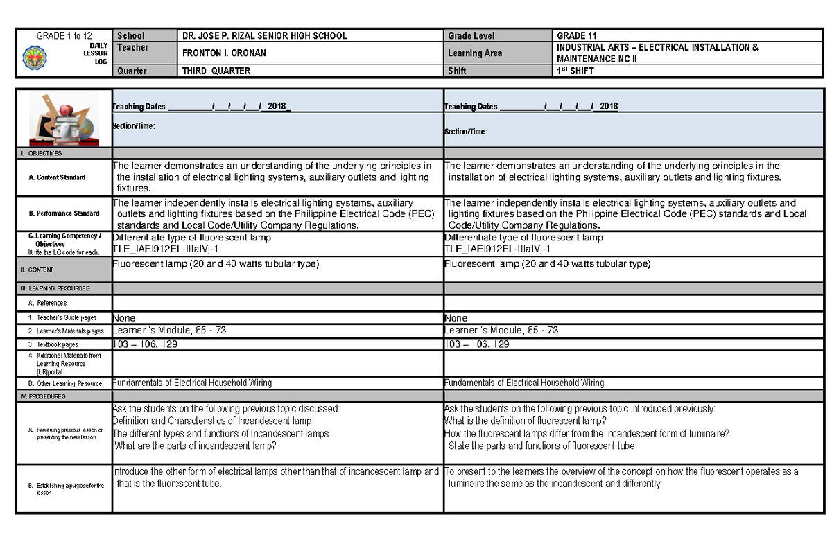 Daily Lesson Log for public school teachers - GRADE 1 to 12 DAILY ...