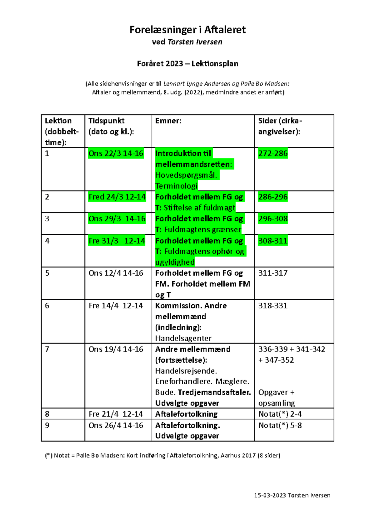 Aftaleret Lektionsplan Forår 2023 - Forelæsninger i Aftaleret ved ...