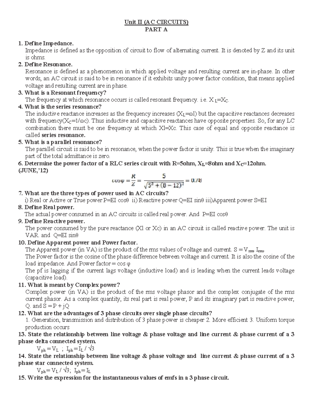 Electrical electronics notes p2 - Unit II (AC CIRCUITS) PART A Define ...