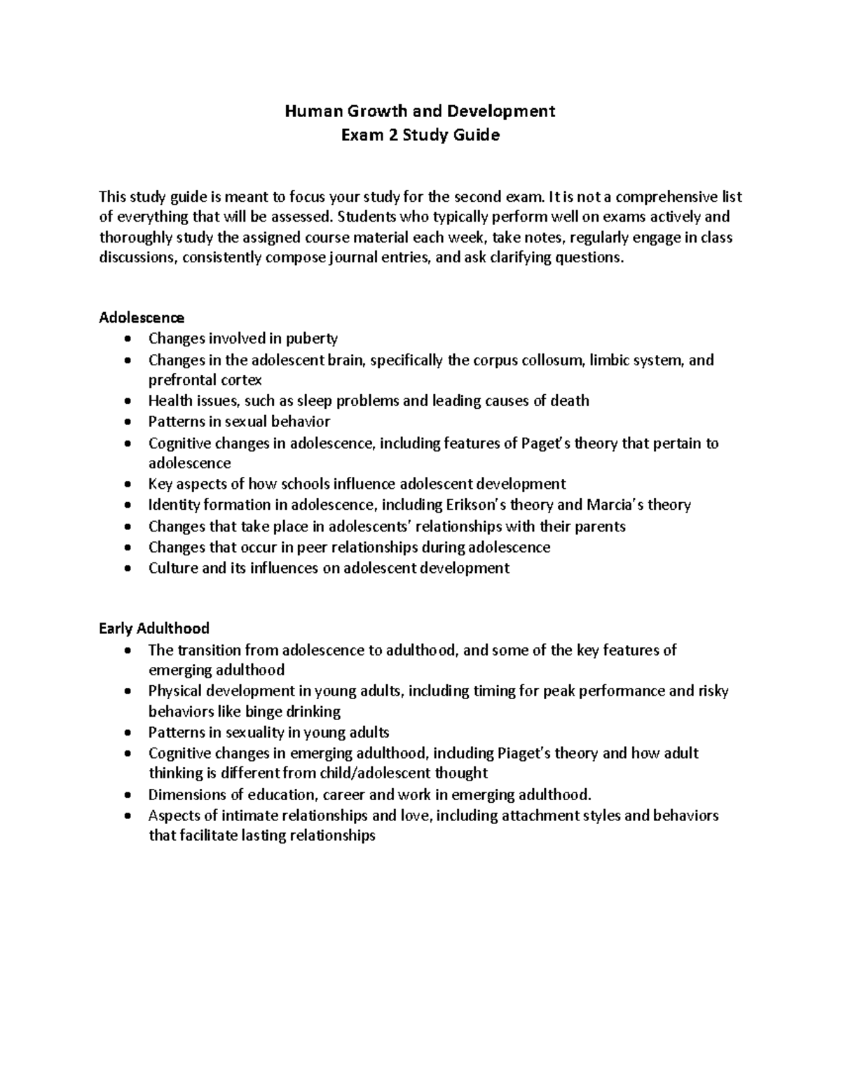 Exam 2 Study Guide - Human Growth and Development Exam 2 Study Guide ...