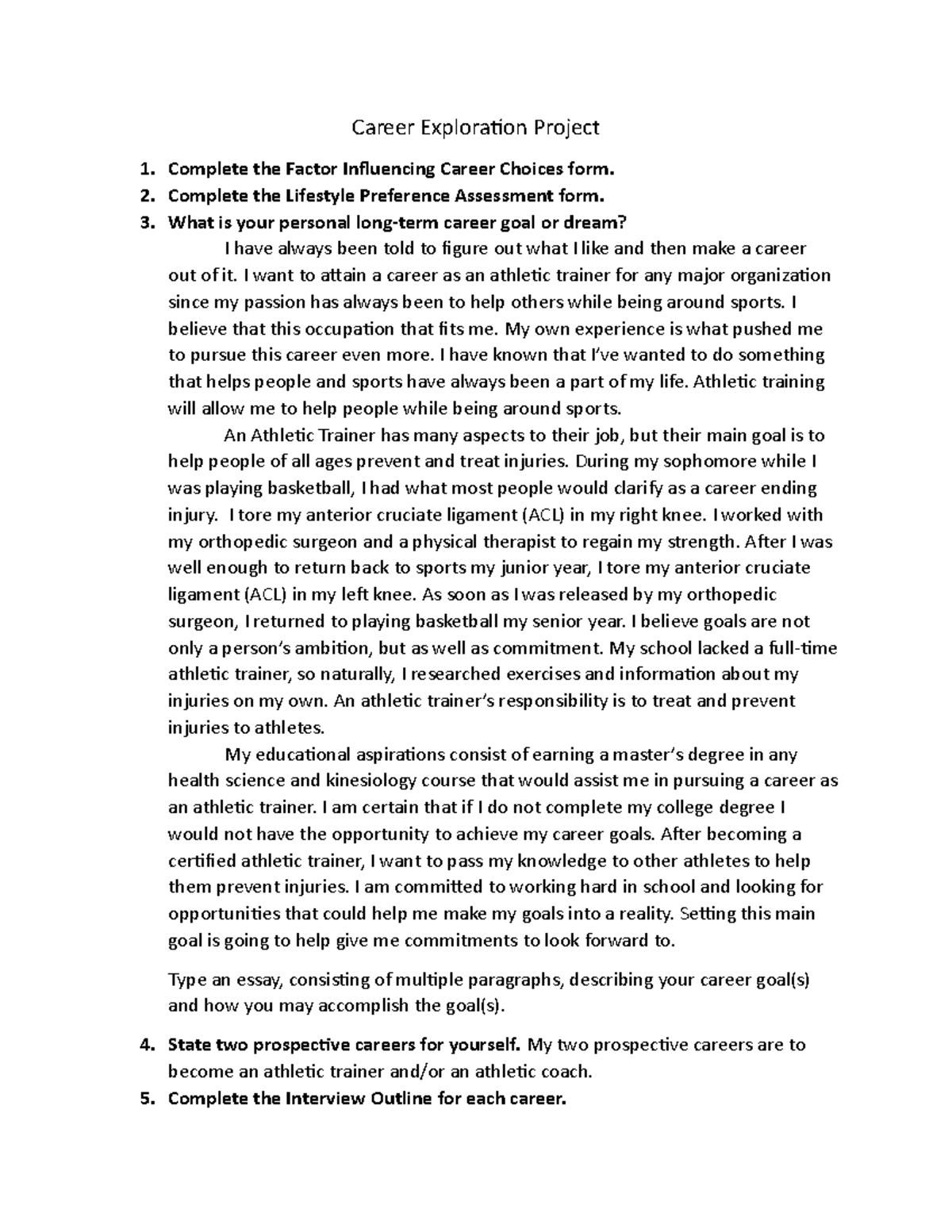 Career Exploration Project - KIN 120 - SFA - Studocu