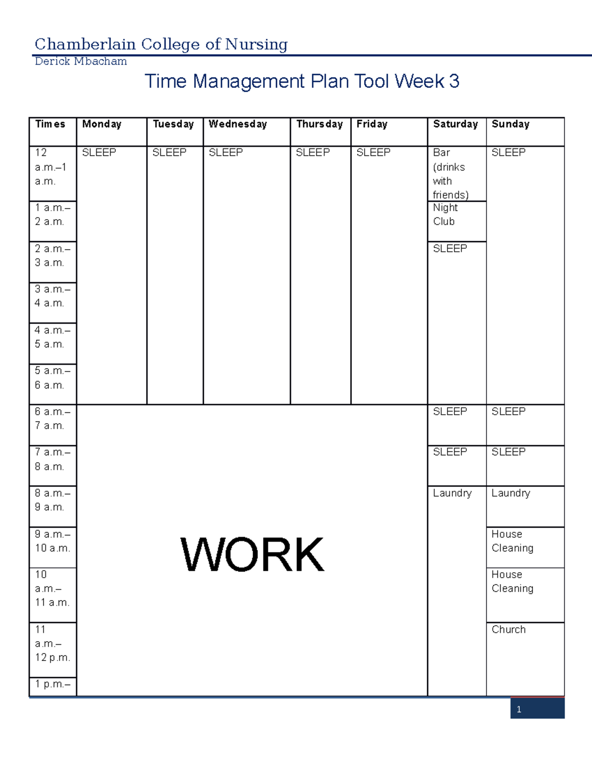 NR500NP Week 3 Time Management Tool - Chamberlain College of Nursing ...