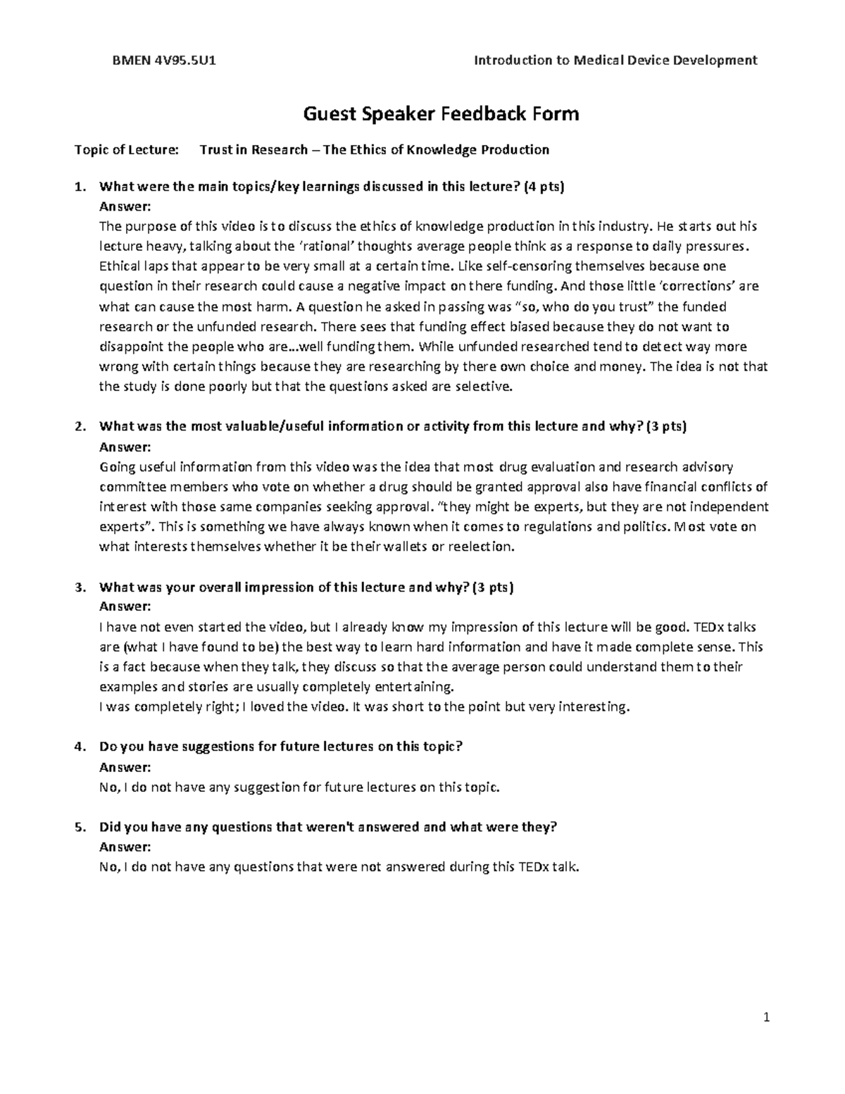 BMEN 4V95 Guest Speaker Feedback Form #14 - BMEN 4V95 Introduction to ...