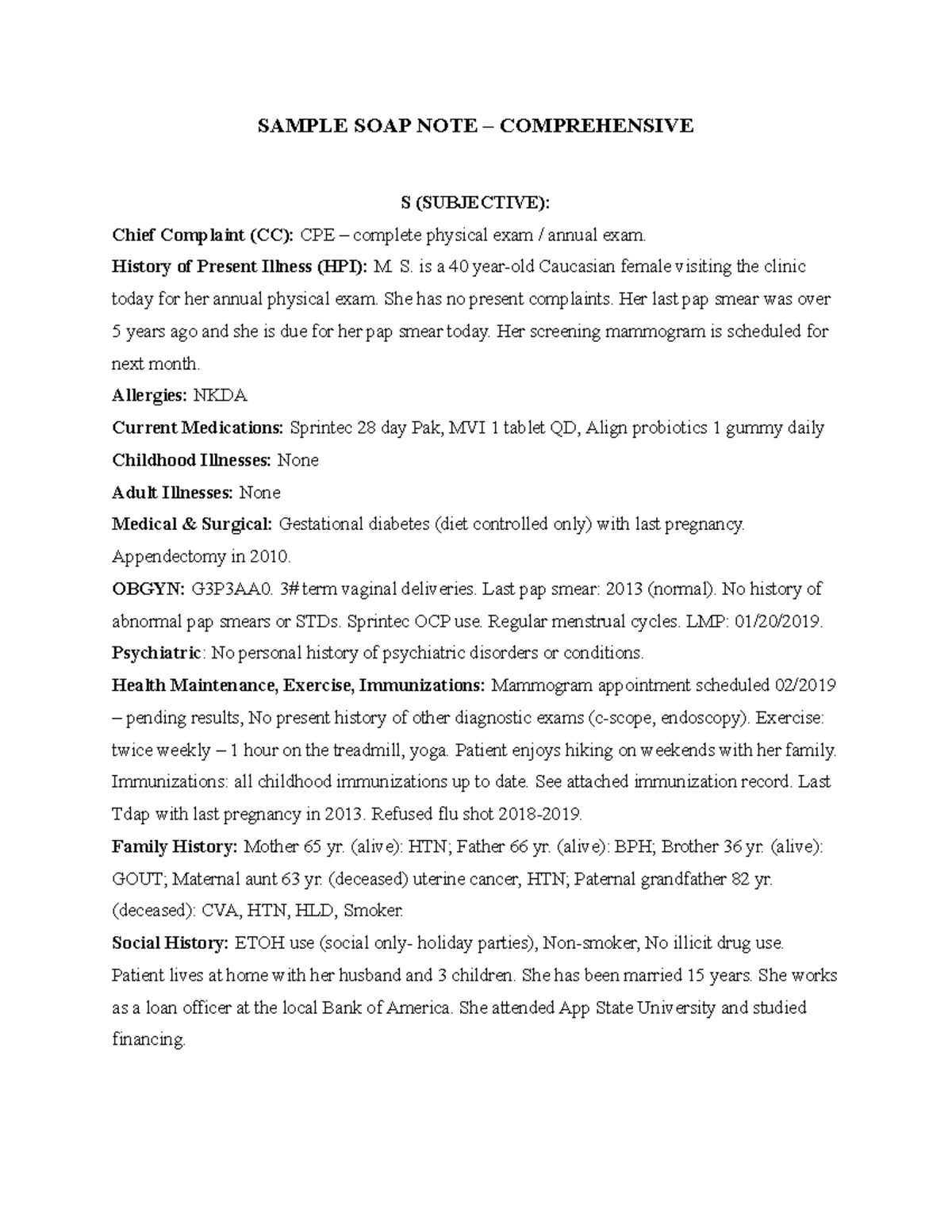 SOAP NOTE Comprehensive - SAMPLE SOAP NOTE – COMPREHENSIVE S ...