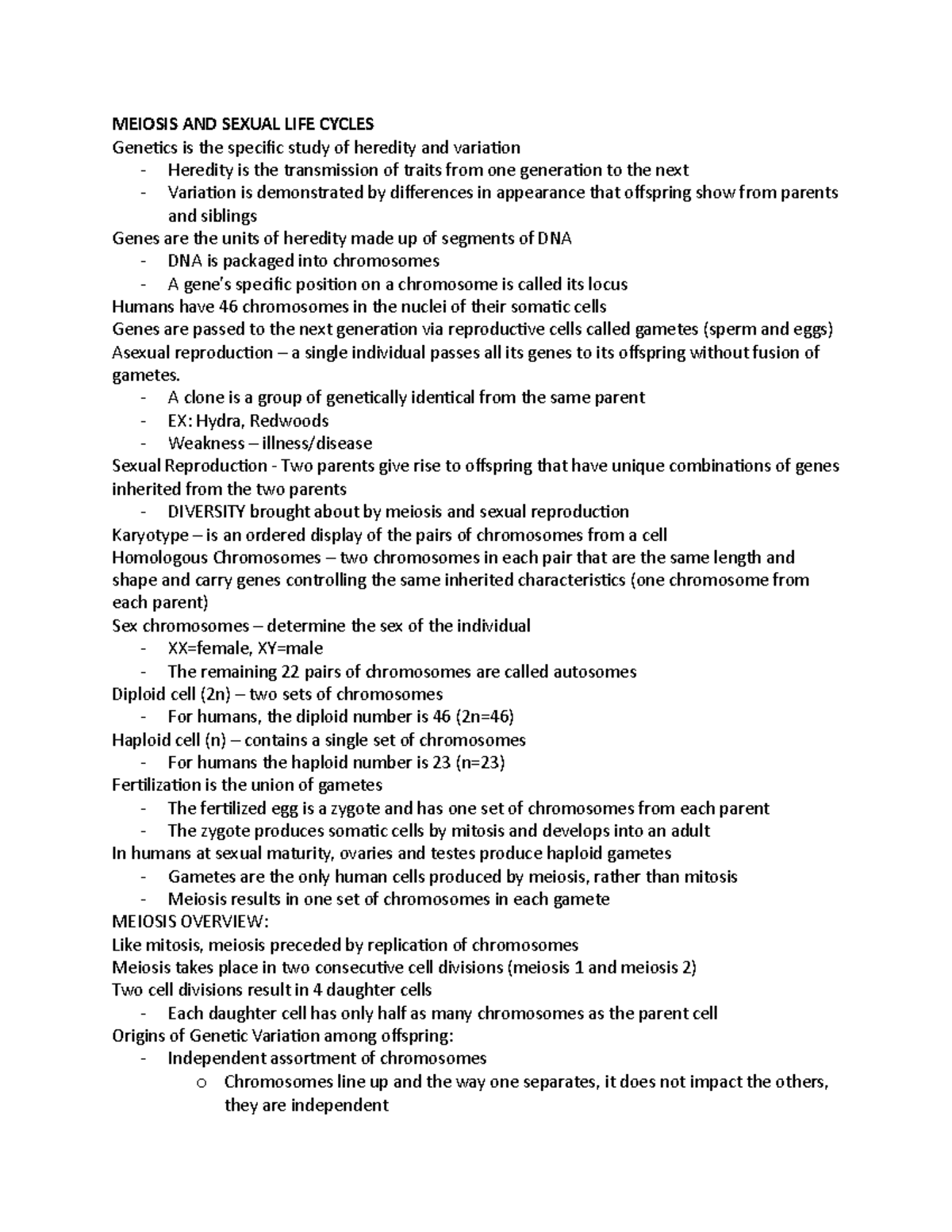 Chapter 13 - notes - MEIOSIS AND SEXUAL LIFE CYCLES Genetics is the ...