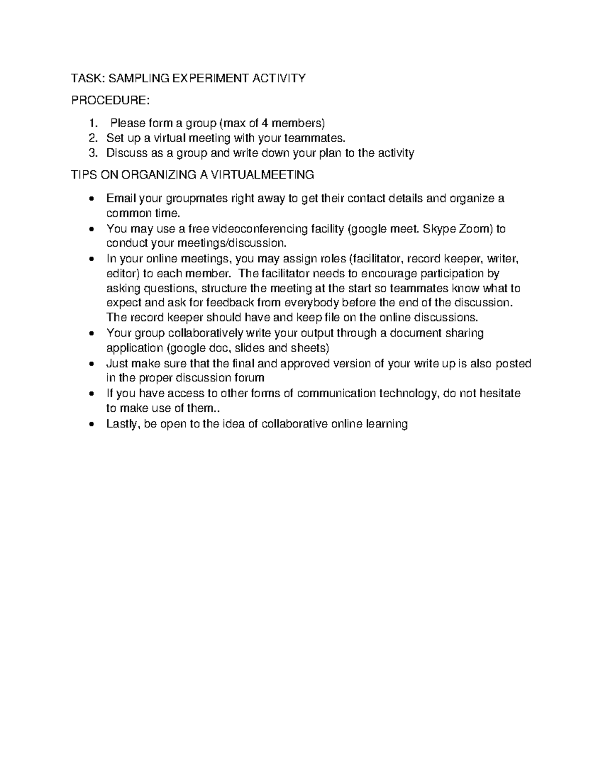 Sampling Experiment - TASK: SAMPLING EXPERIMENT ACTIVITY PROCEDURE ...