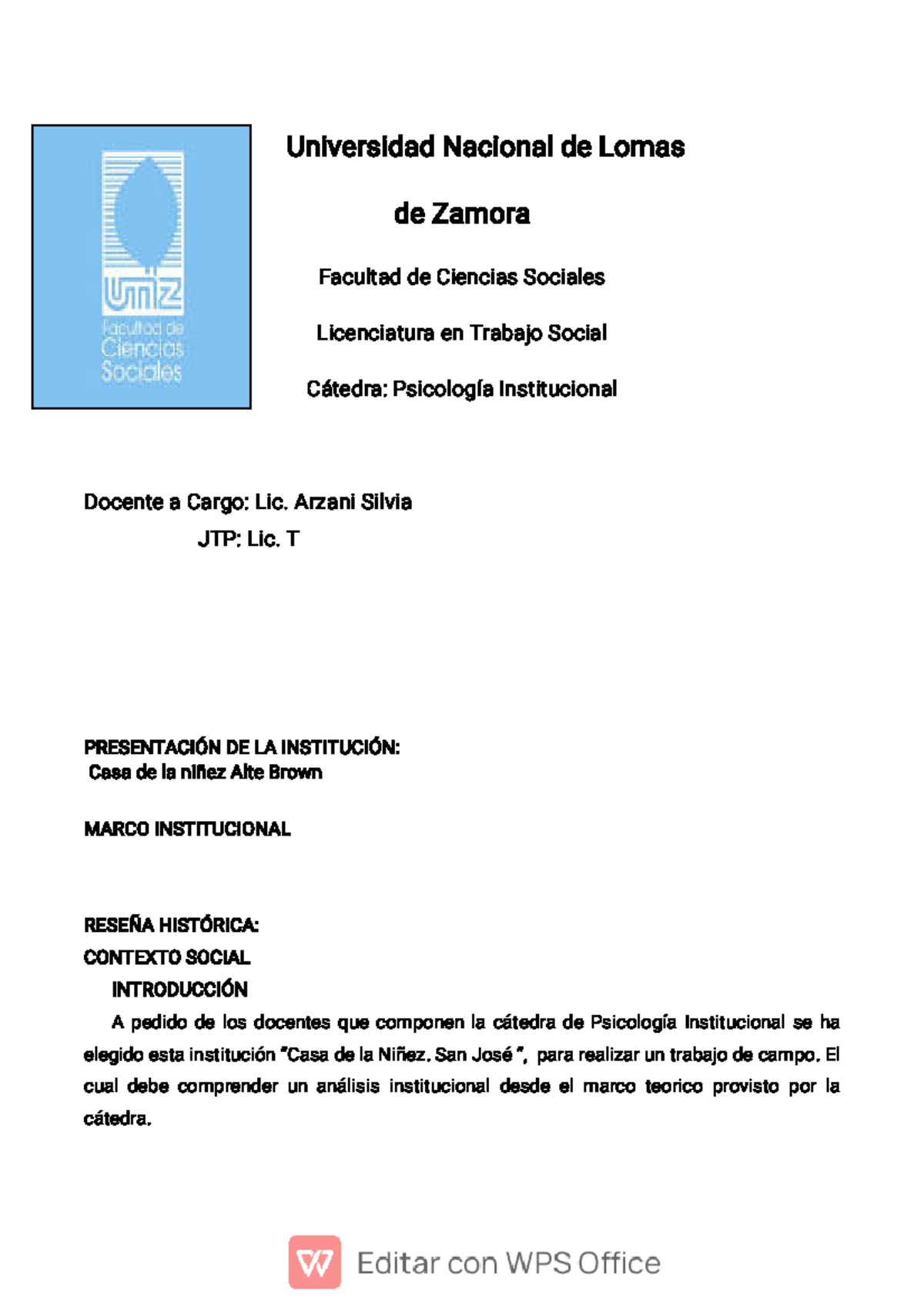 @TP. Final Psicología Institucional 2023 - Universidad Nacional de Lomas de Zamora Facultad de ...