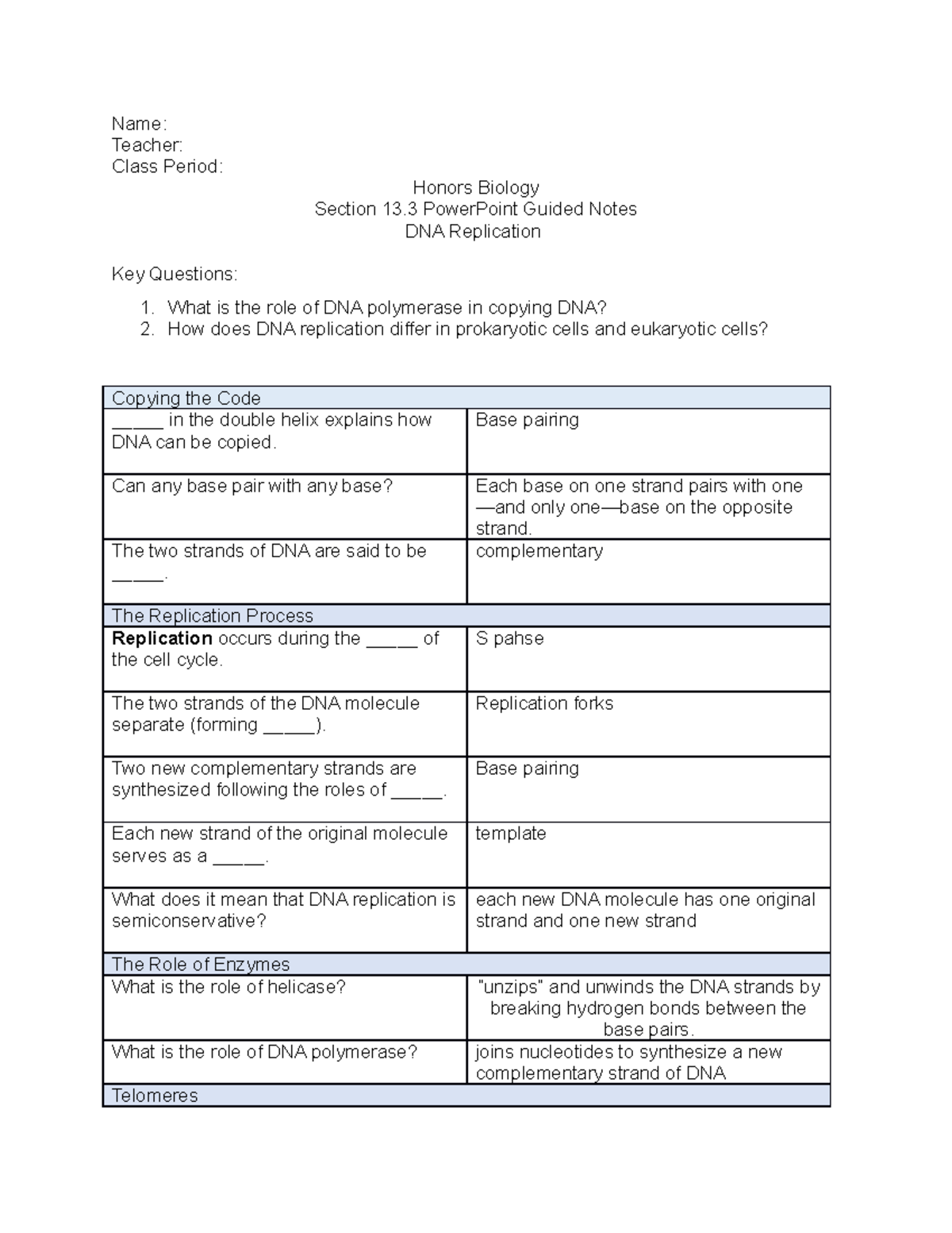 13.3 Biology DNA Replication Guided Notes - Name: Teacher: Class Period ...