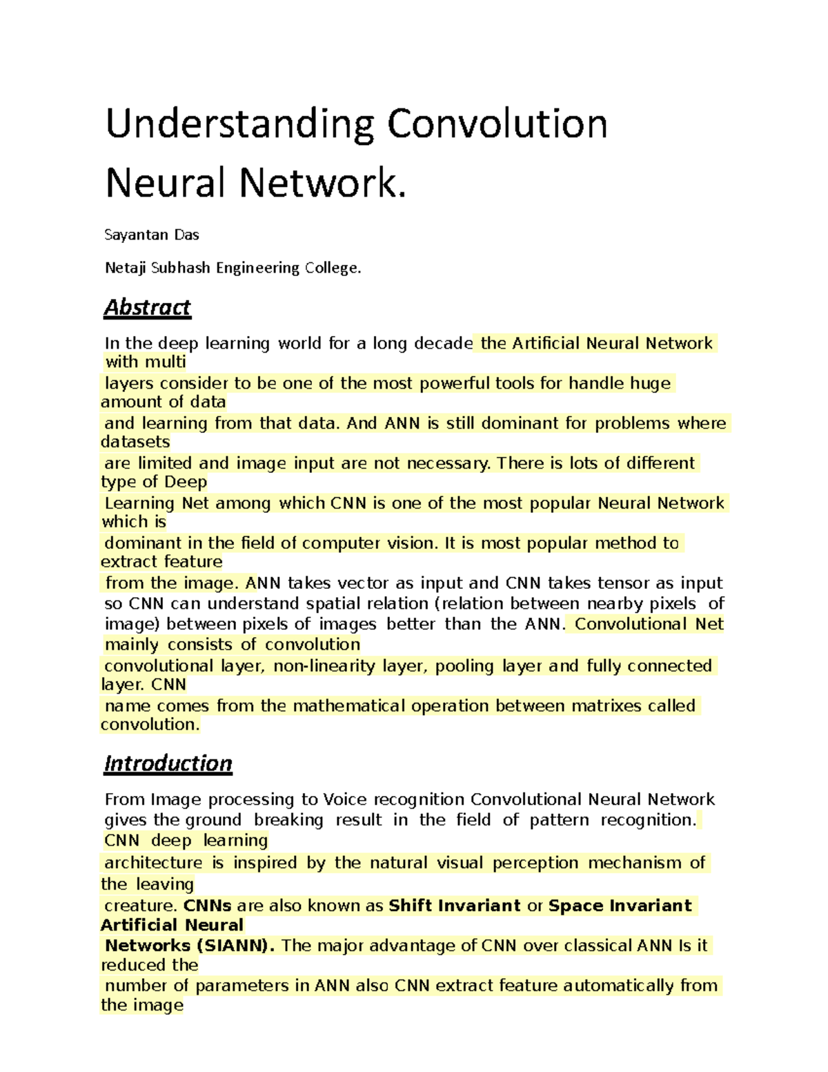CNN Final PDF - N/A - Understanding Convolution Neural Network. Sayantan Das Netaji Subhash ...