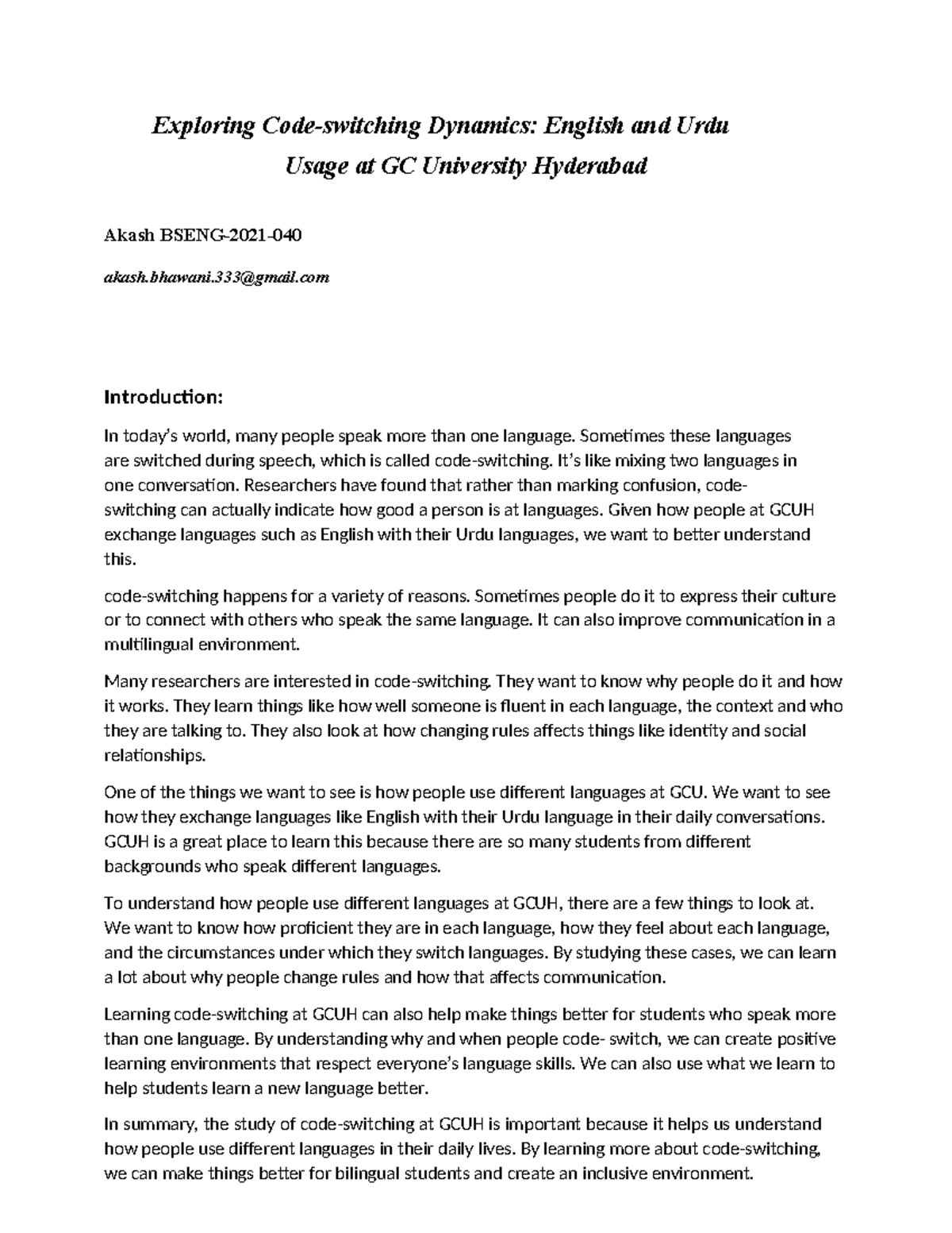 Akash finalEntlish - Exploring Code-switching Dynamics: English and Urdu Usage at GC University ...