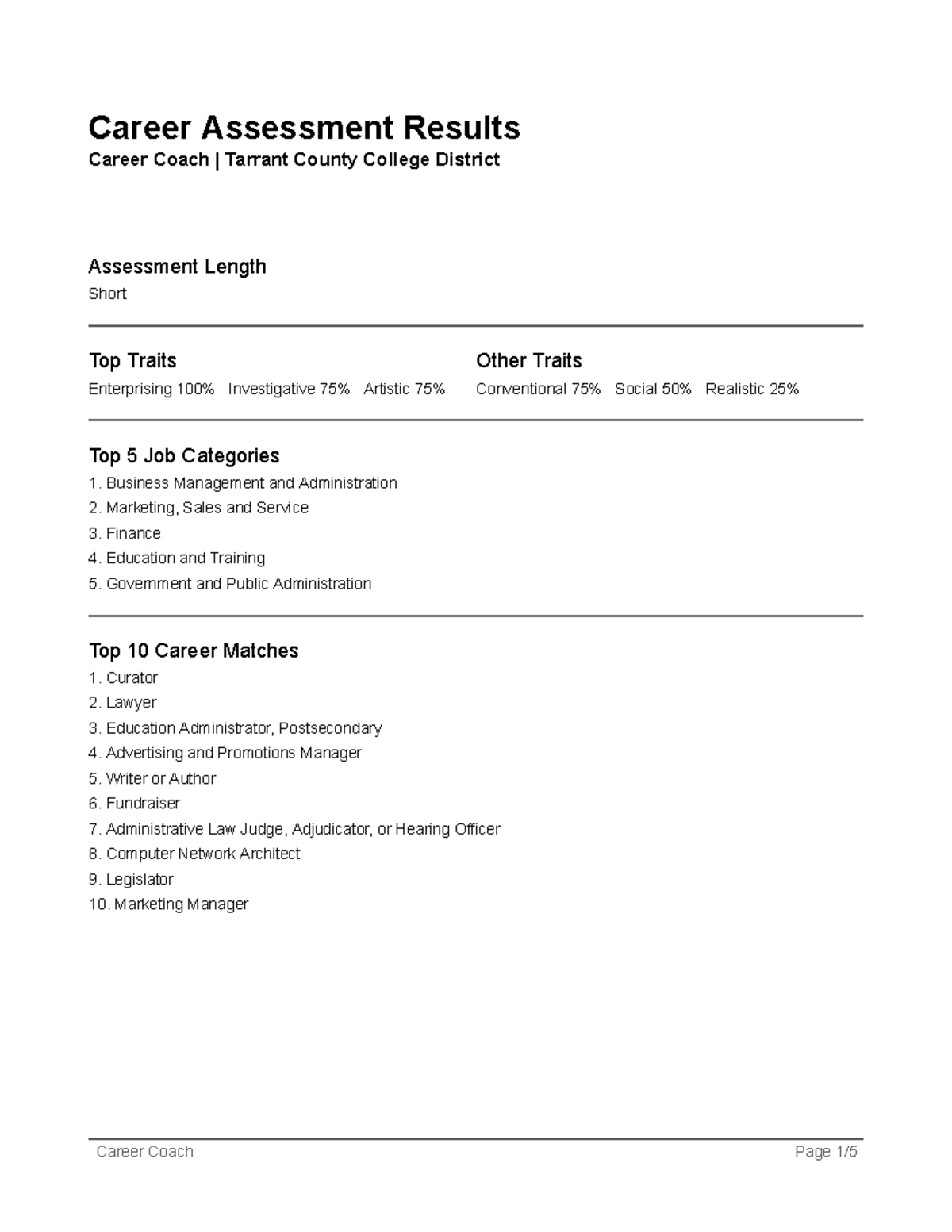 Career Assessment Results - Career Assessment Results Career Coach ...