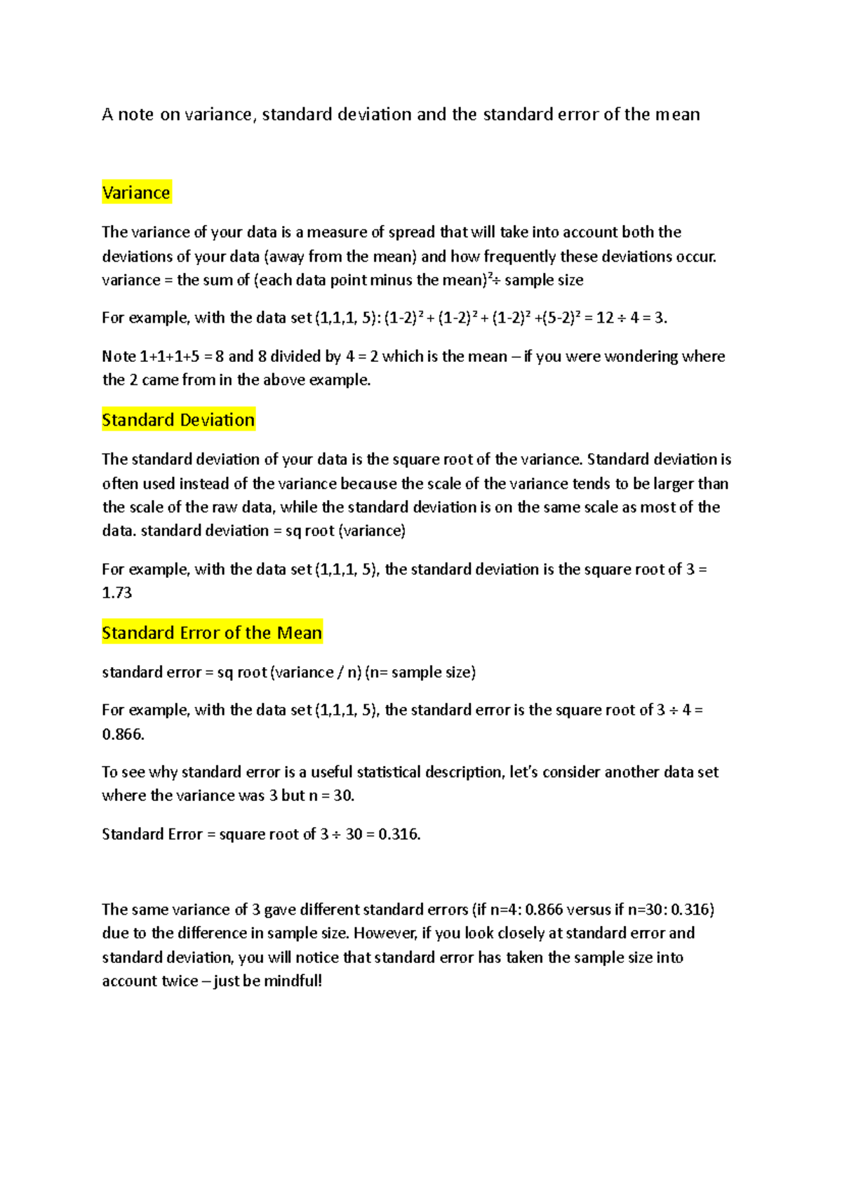 Tutorial work - 2 - variance - A note on variance, standard deviation ...