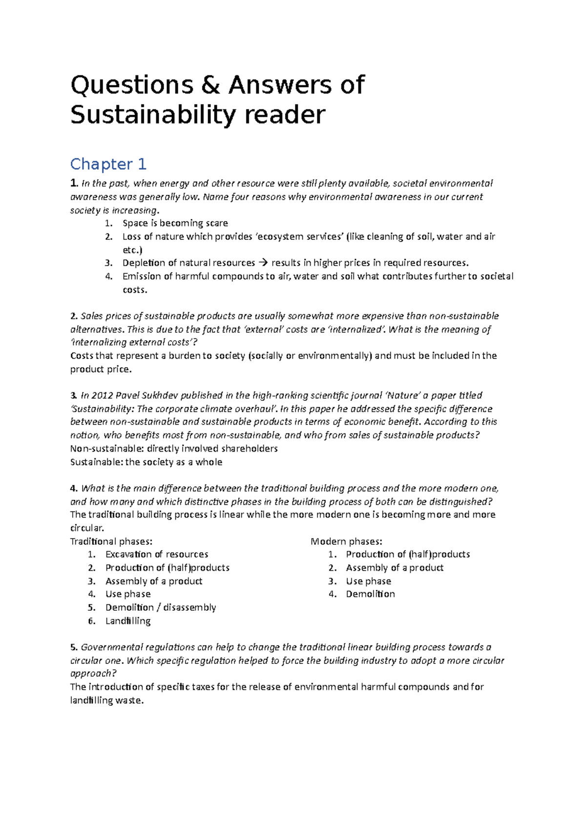 Questions & Answers reader sustainability deeltentamen 1 - Questions ...