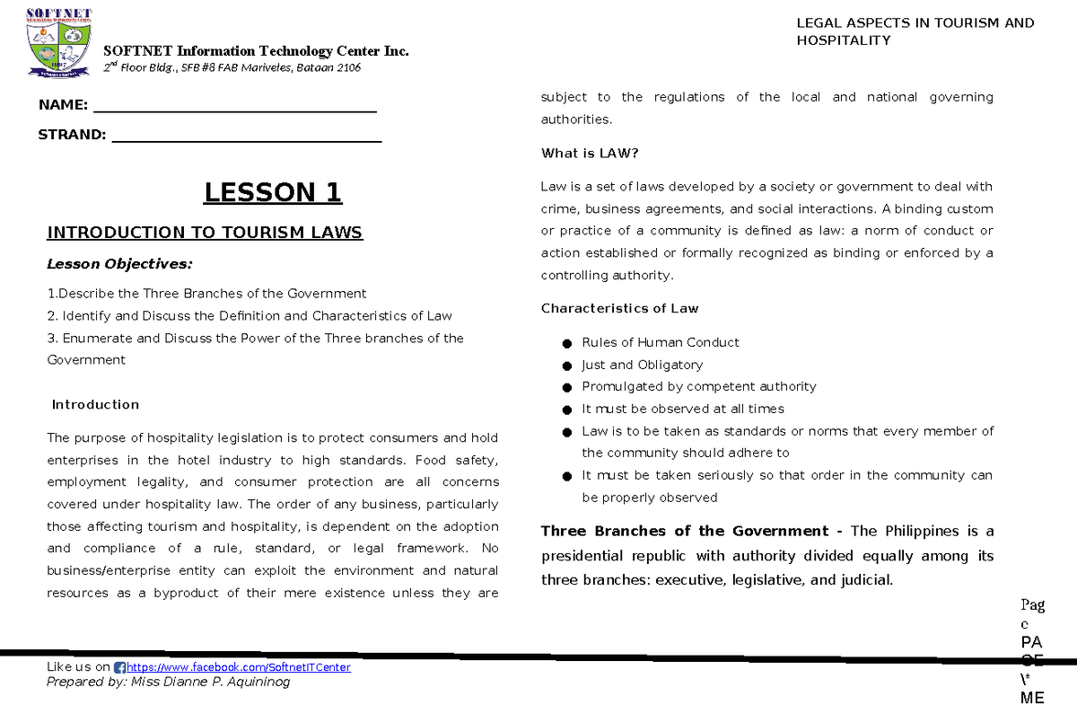 Legal Aspects Lesson 1 - Pag e PA GE * ME LEGAL ASPECTS IN TOURISM AND ...