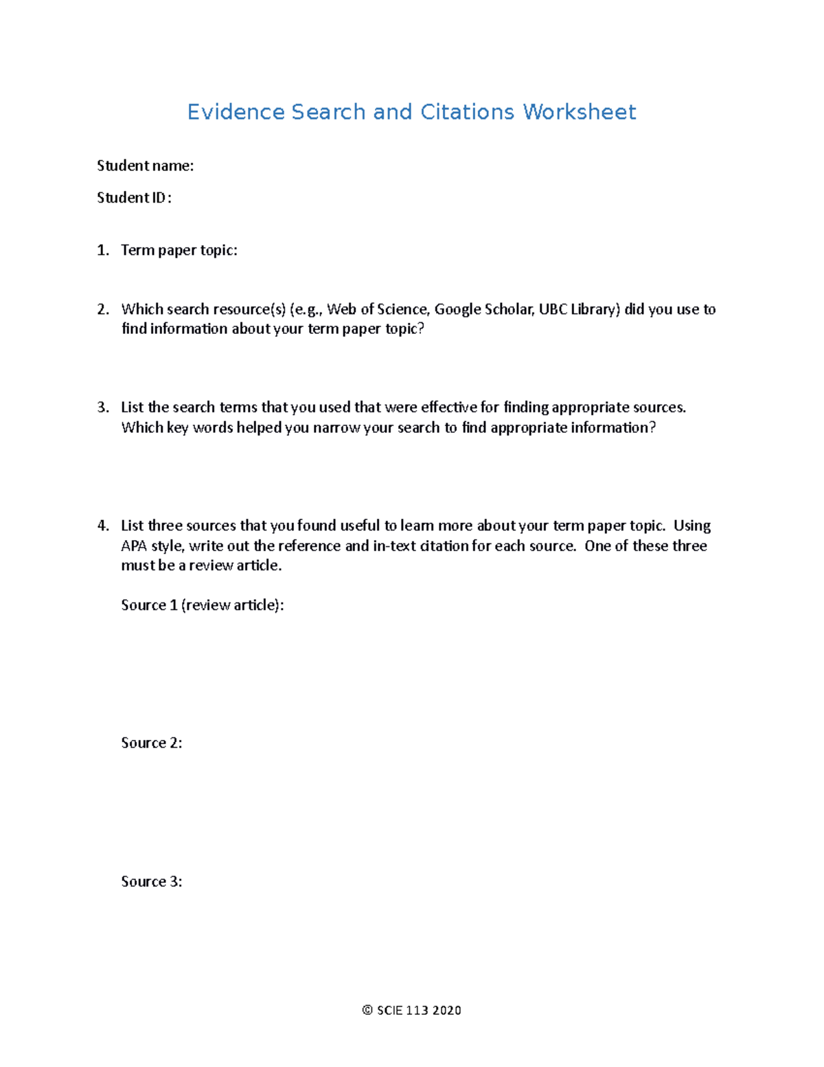 Worksheet Evidence Searchand Citations 2020W1 - Evidence Search and ...
