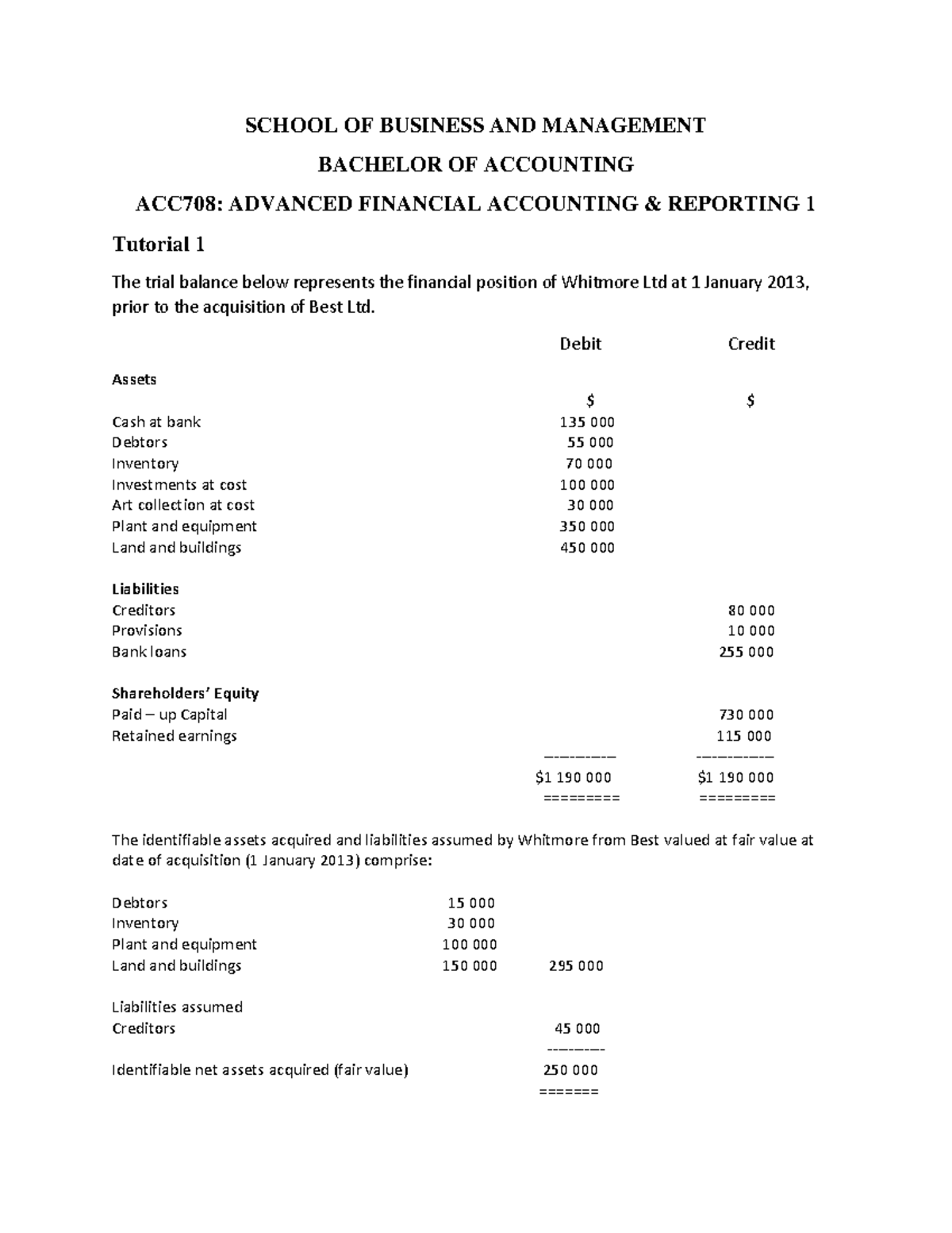 SINU ACC708 Tutorial 1 - Bachalor of accounting - SCHOOL OF BUSINESS ...