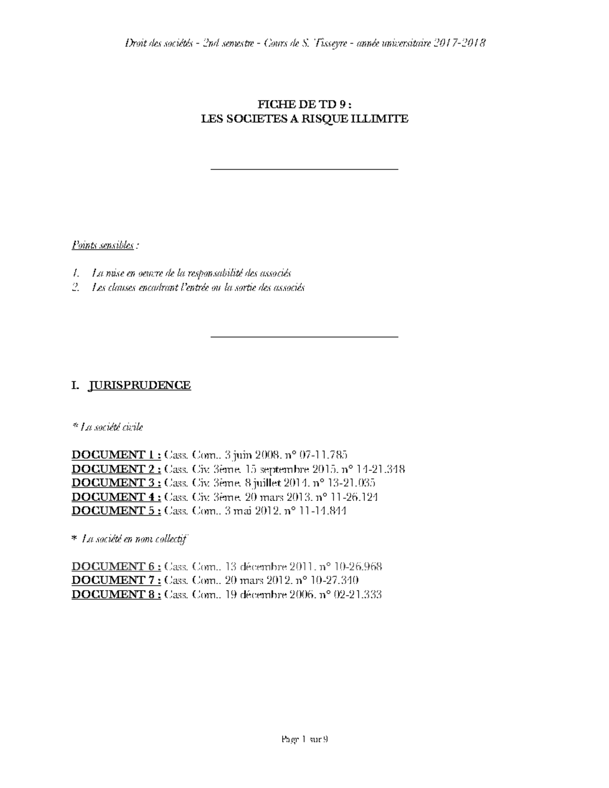 Fiche TD 9 - SARL - FICHE DE TD 9 : LES SOCIETES A RISQUE ILLIMITE ...
