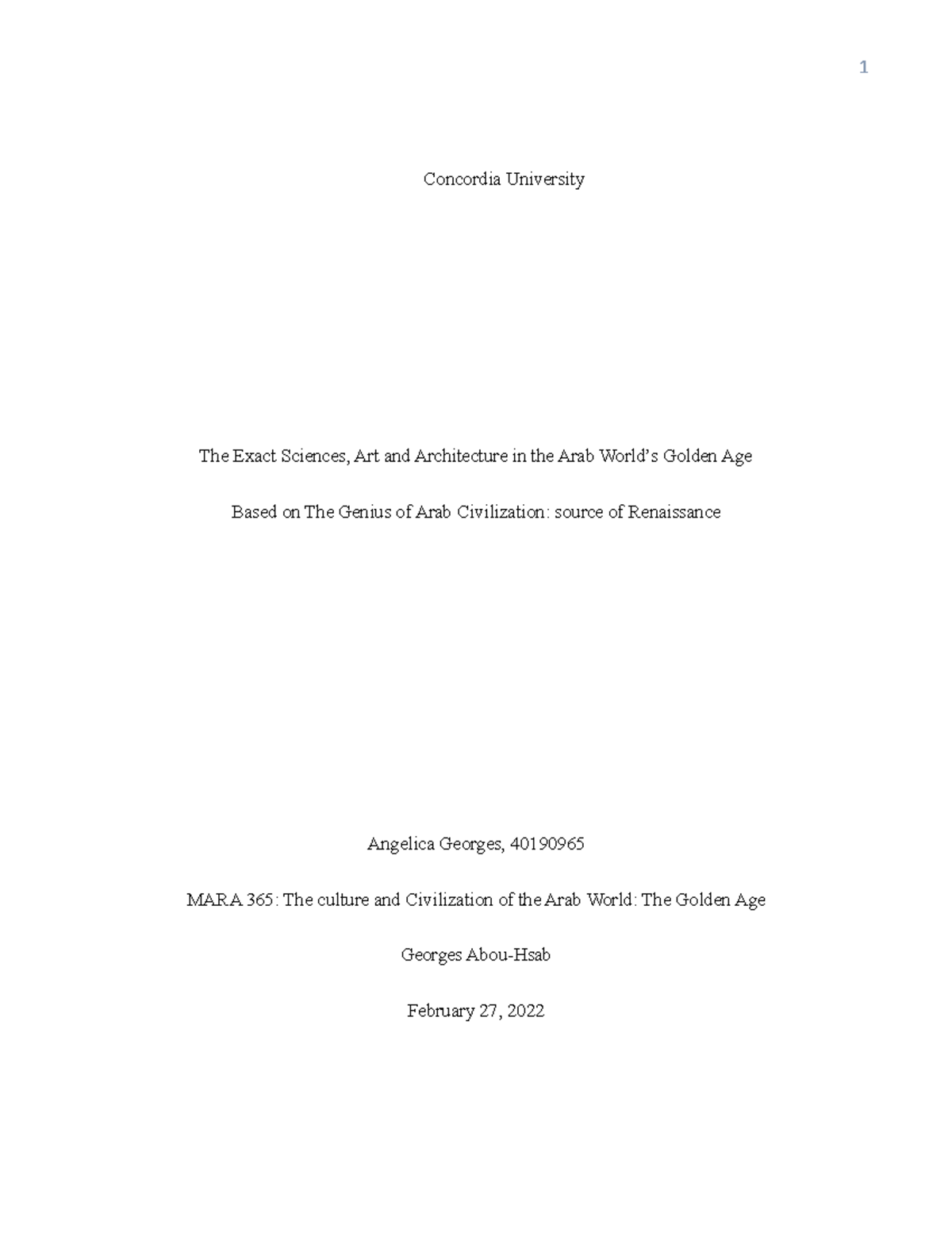 Assignment 1 - Concordia University The Exact Sciences, Art and ...