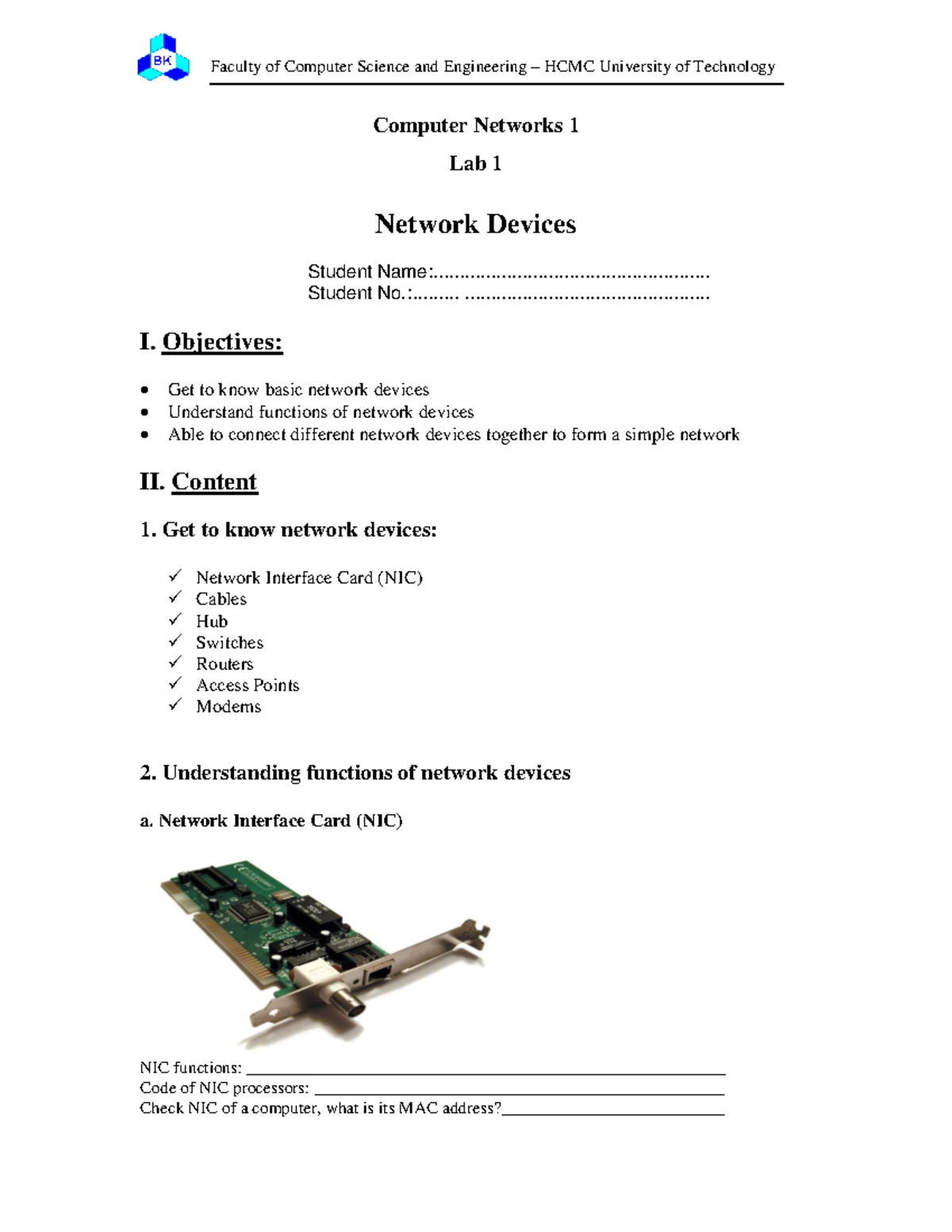 Lab 1a Network Devices - nothing - Computer Networks 1 Lab 1 Network Devices Student Name: - Studocu
