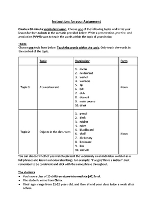 Assignment B Step1 Model 1PPPGrammar Lesson Table Model Answer - PPP ...