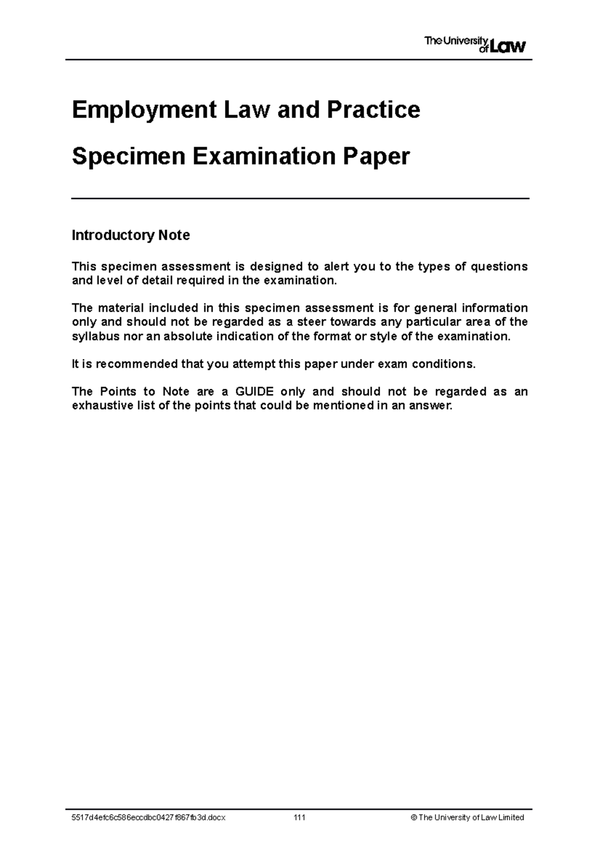 EMP MOCK Question - Spec paper for practice - Employment Law and ...