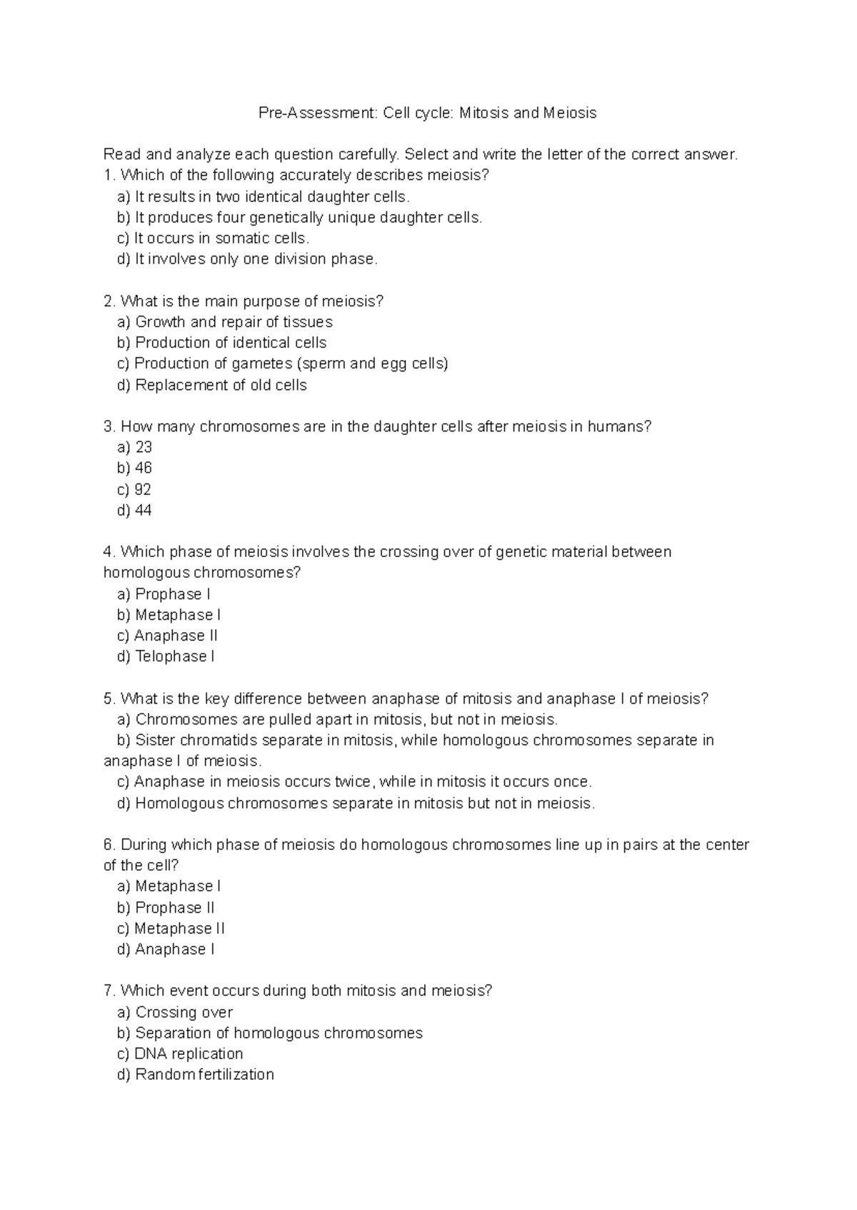 Pre-Assessment- Cell cycle- Mitosis and Meiosis - Select and write the ...