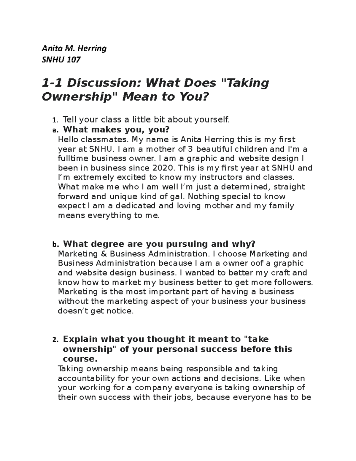 1-1 Discussion What Does Taking Ownership Mean to You - Anita M ...