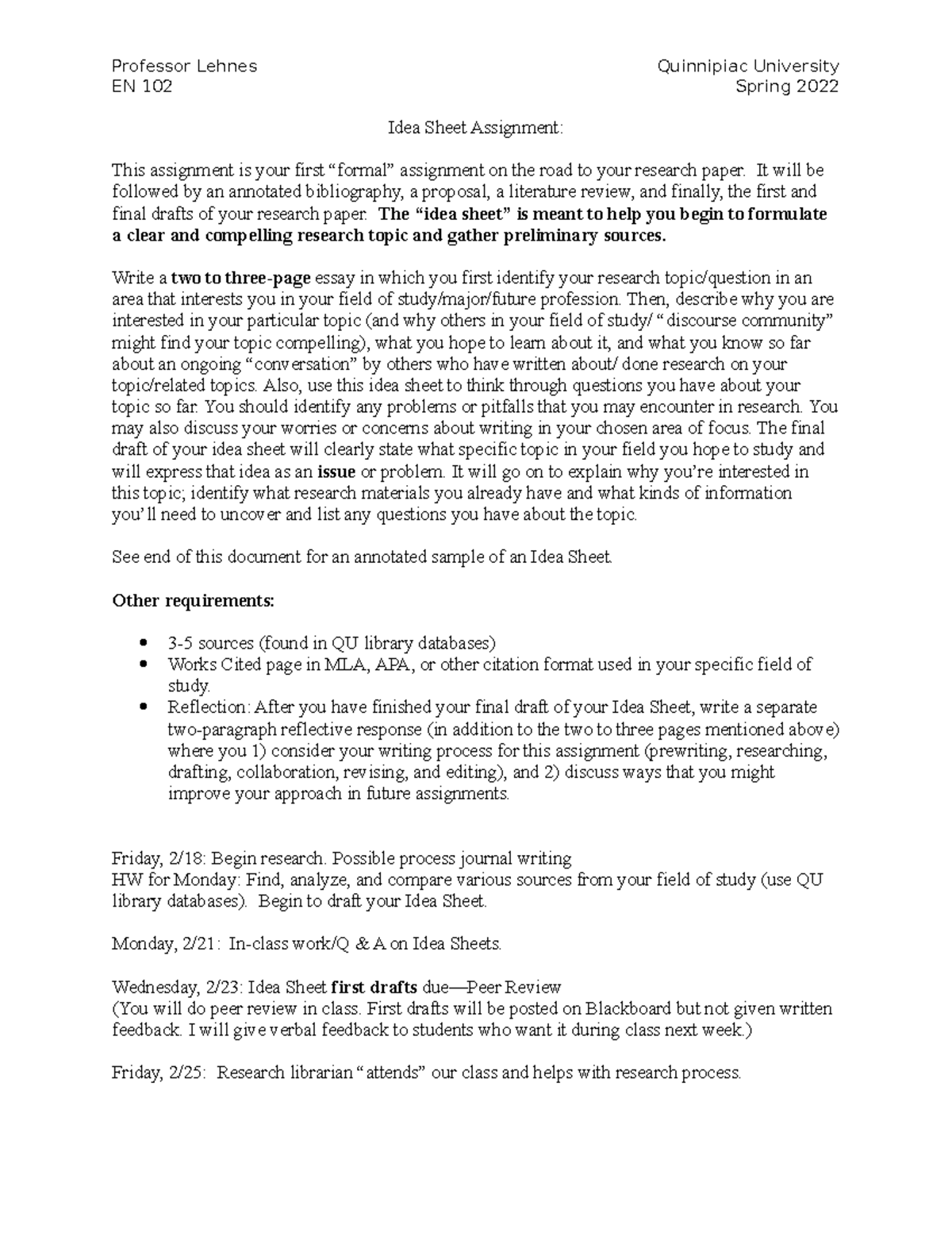 Idea Sheet Assignment EN 102 SP 22 - EN 102 Spring 2022 Idea Sheet ...