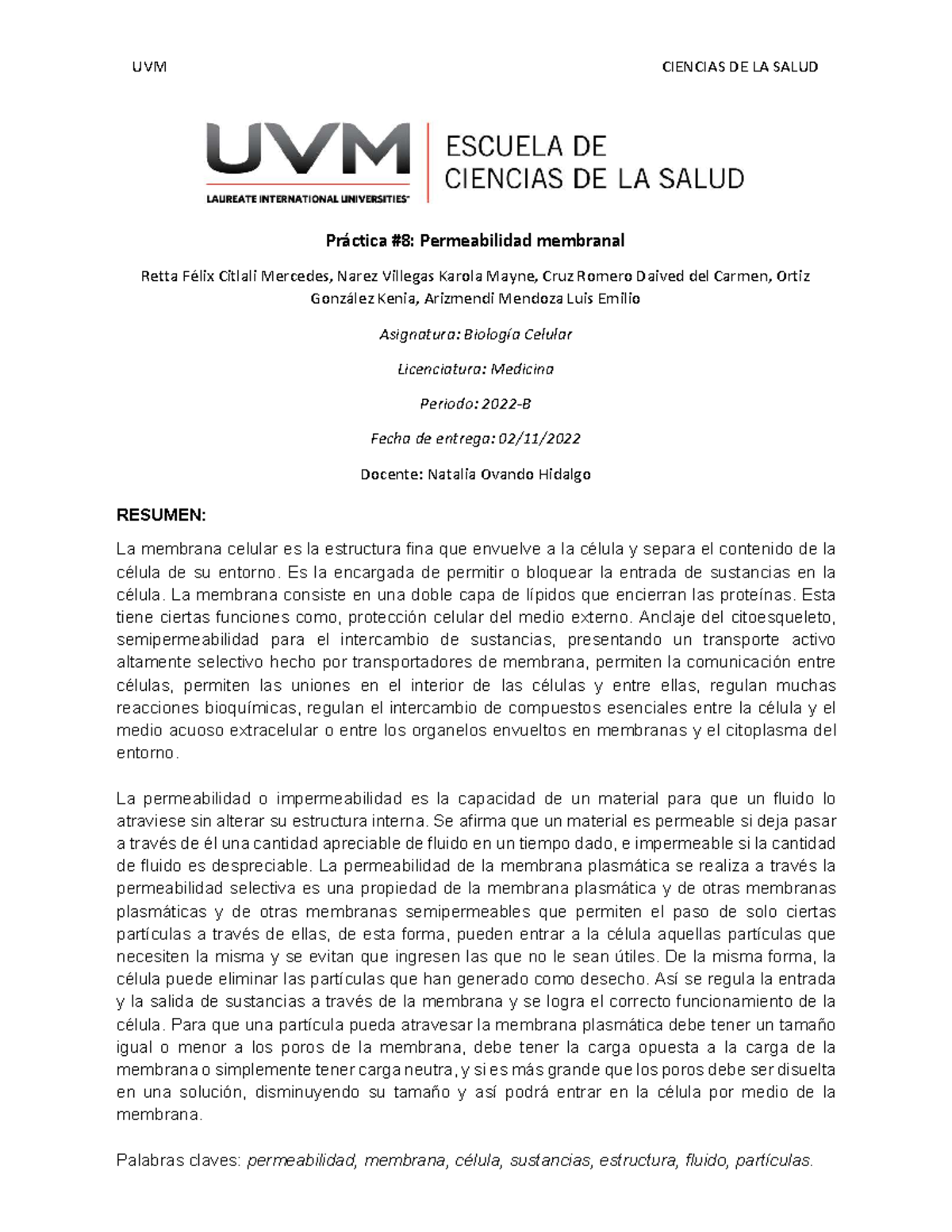 Practica 8 - Práctica #8: Permeabilidad membranal Retta Félix Citlali ...