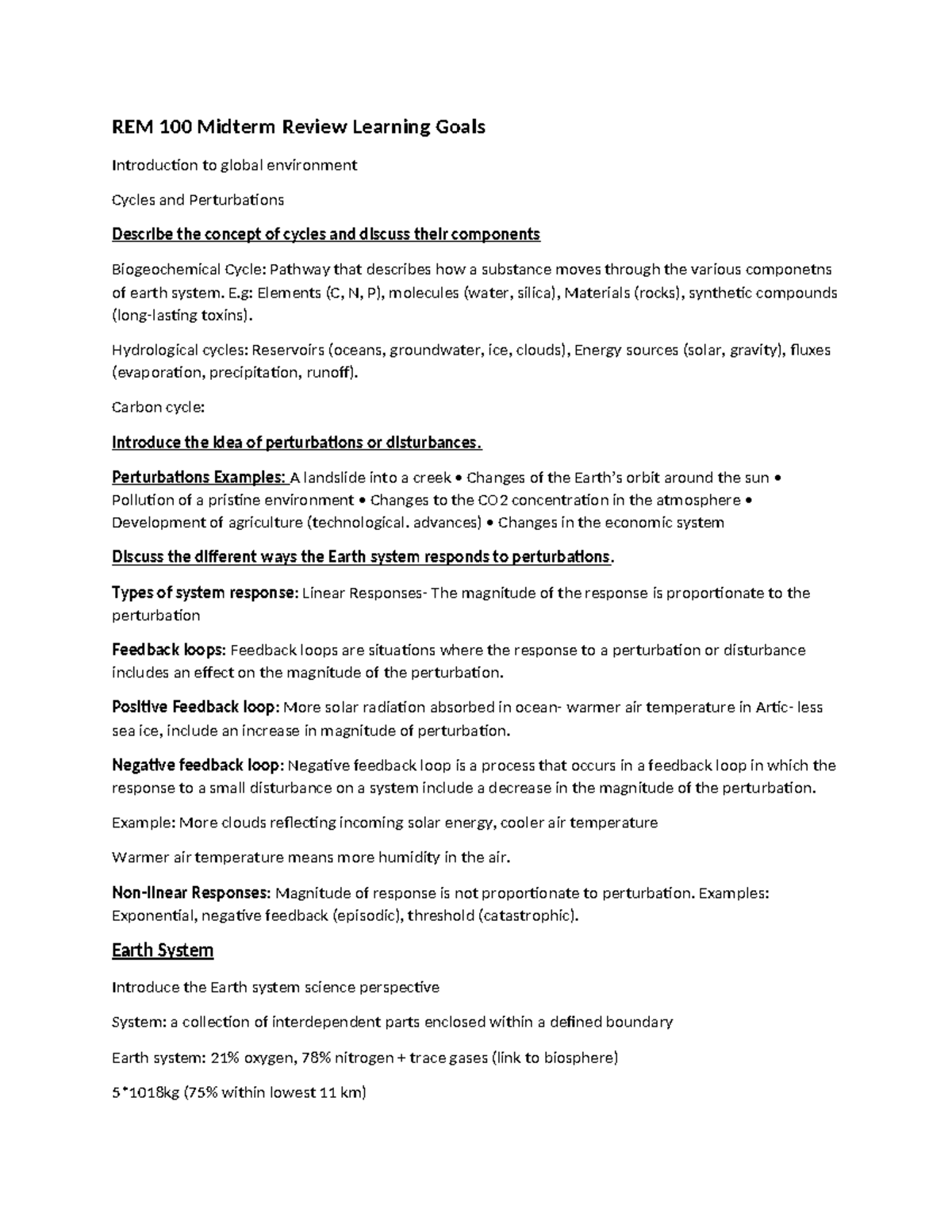 REM 100 Midterm Review Learning Goals - E: Elements (C, N, P), molecules (water, silica ...