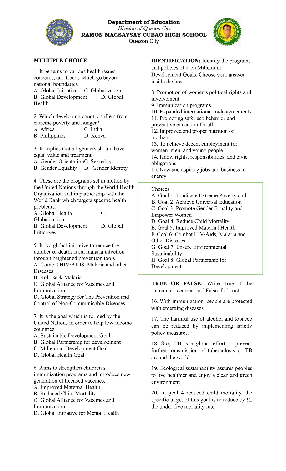 LONG QUIZ IN Healthdocx - MULTIPLE CHOICE It pertains to various health ...