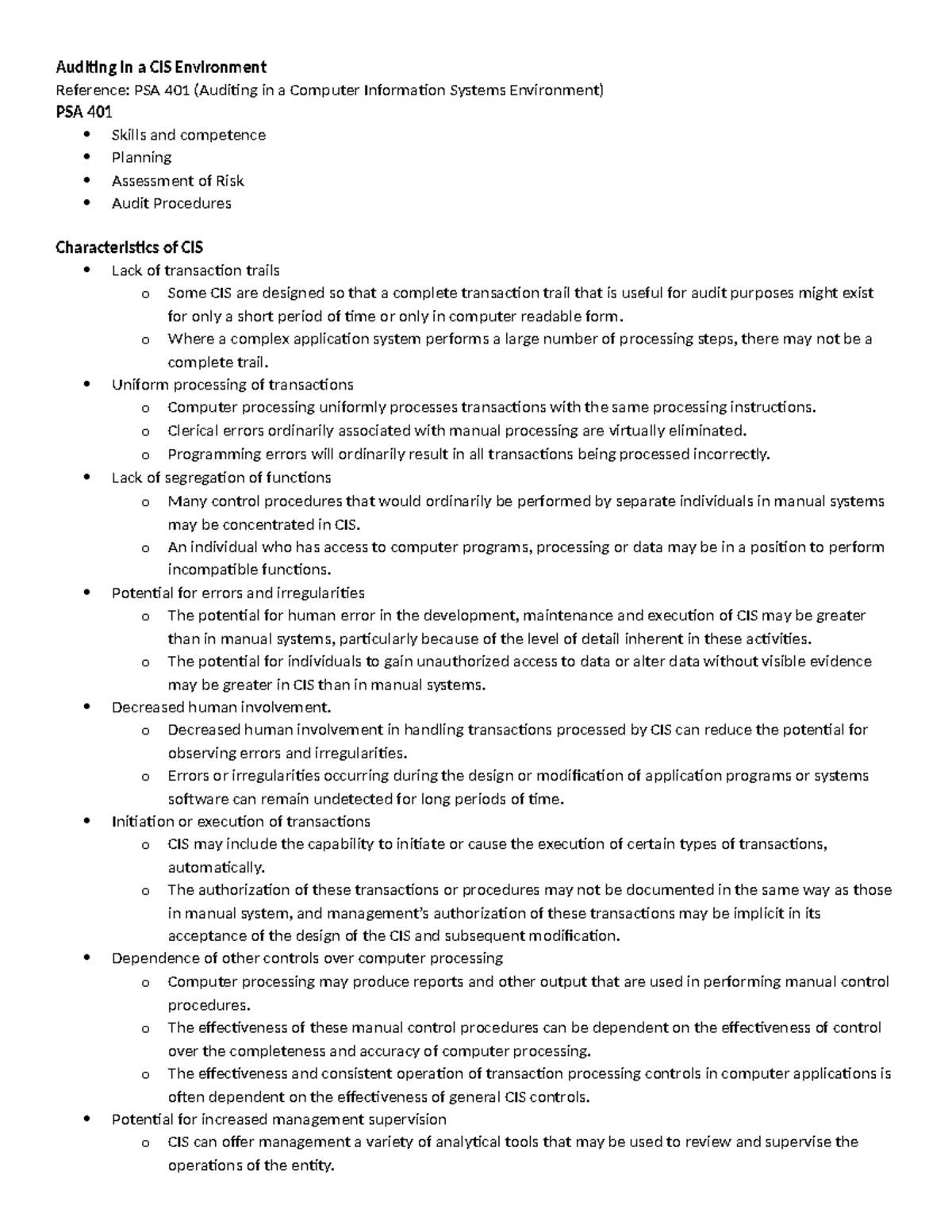 Auditing in a CIS Environment - Auditing in a CIS Environment Reference: PSA 401 (Auditing in a ...