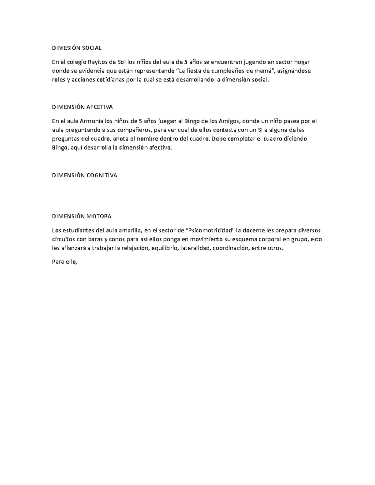 Dimensiones DEL Desarrollo Infantil - DIMESIÓN SOCIAL En el colegio ...
