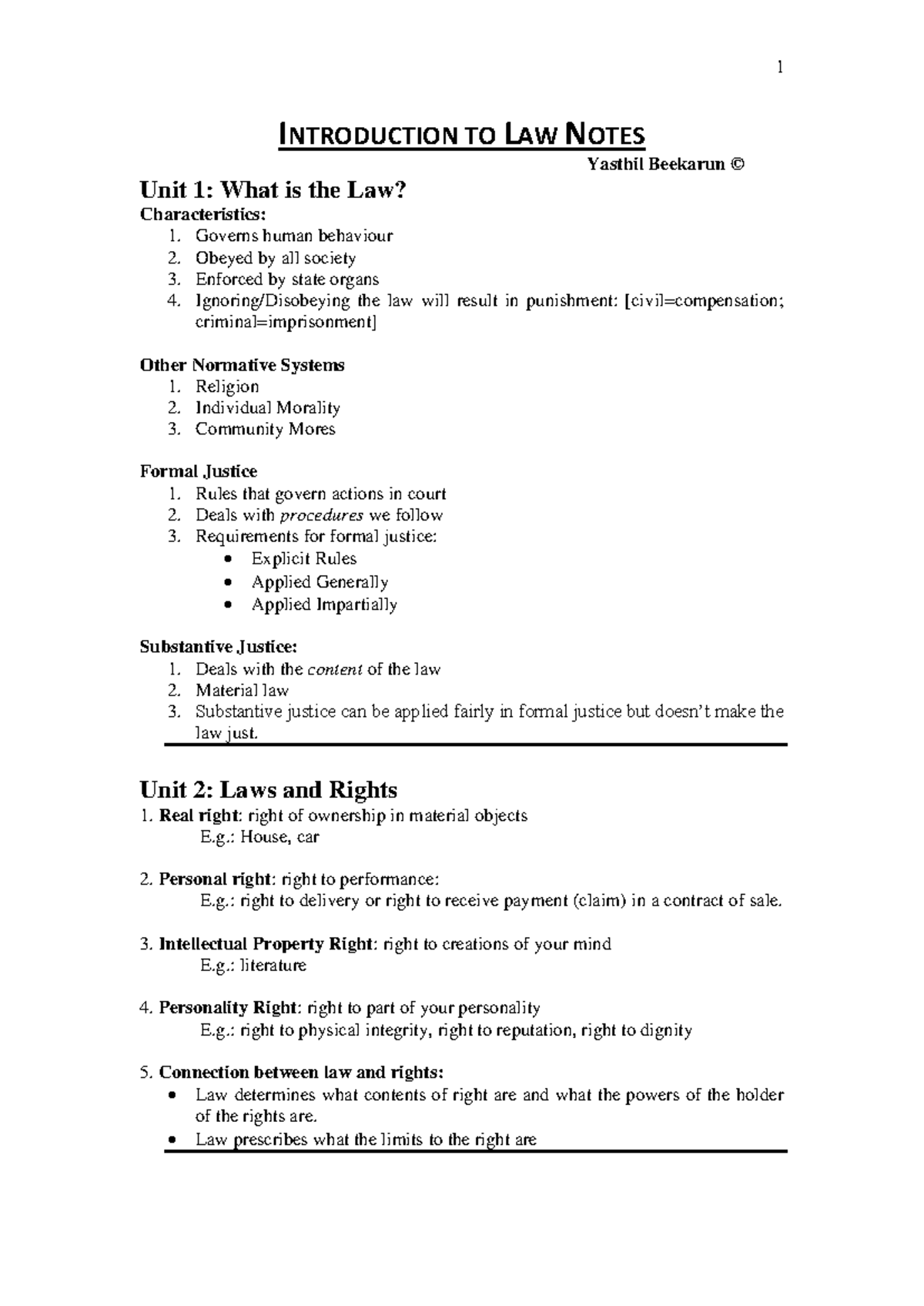 ILW1501-study-notes - INTRODUCTION TO LAW NOTES Yasthil Beekarun © Unit ...