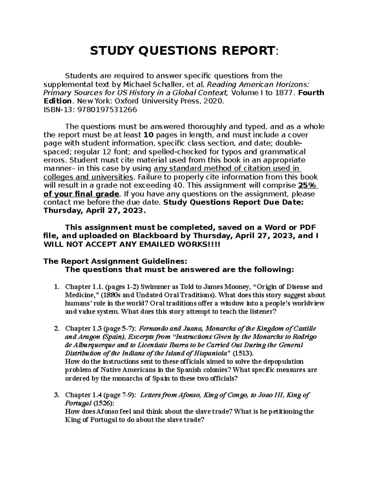 Study Questions Report - STUDY QUESTIONS REPORT: Students are required ...