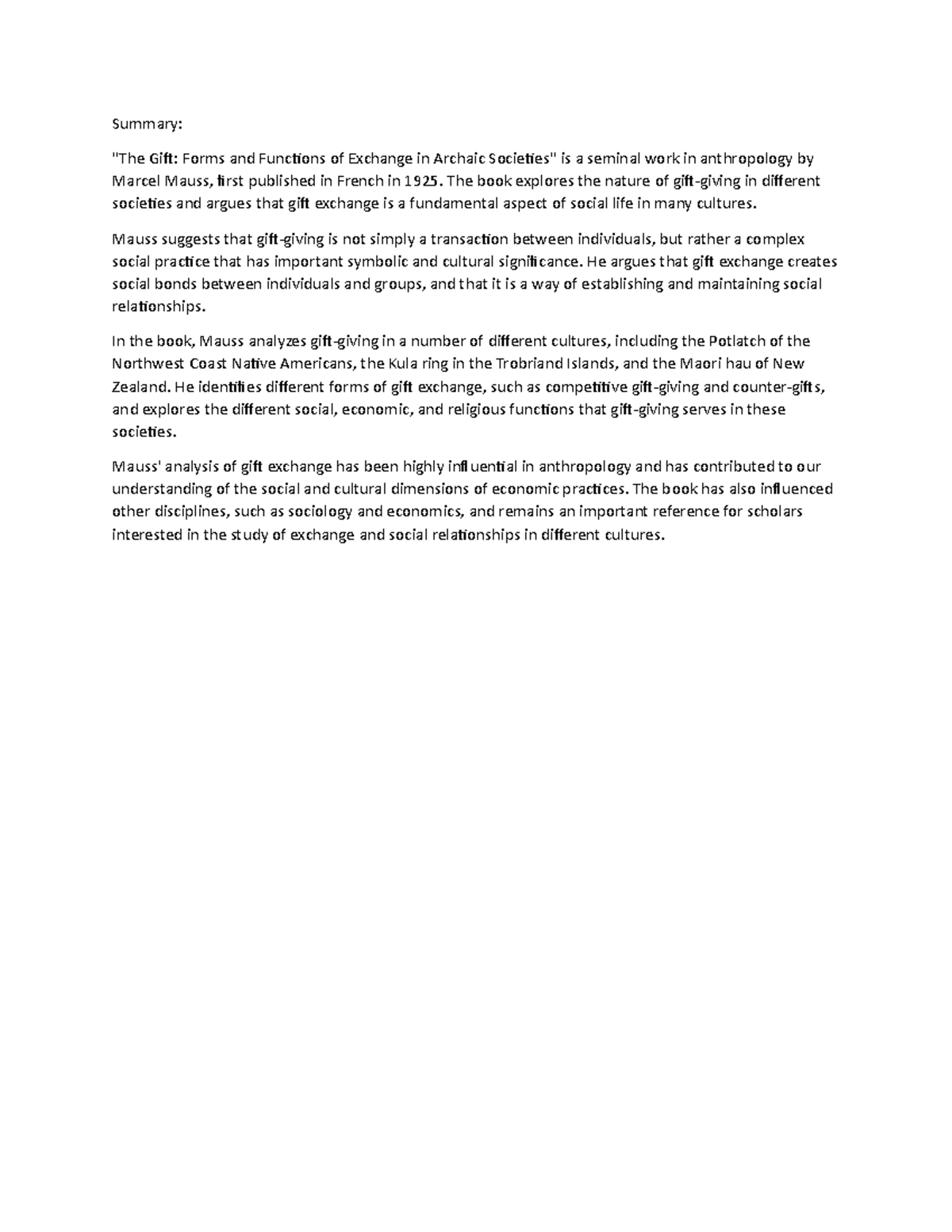 Summary on The Gift Forms and Functions of Exchange in Archaic ...
