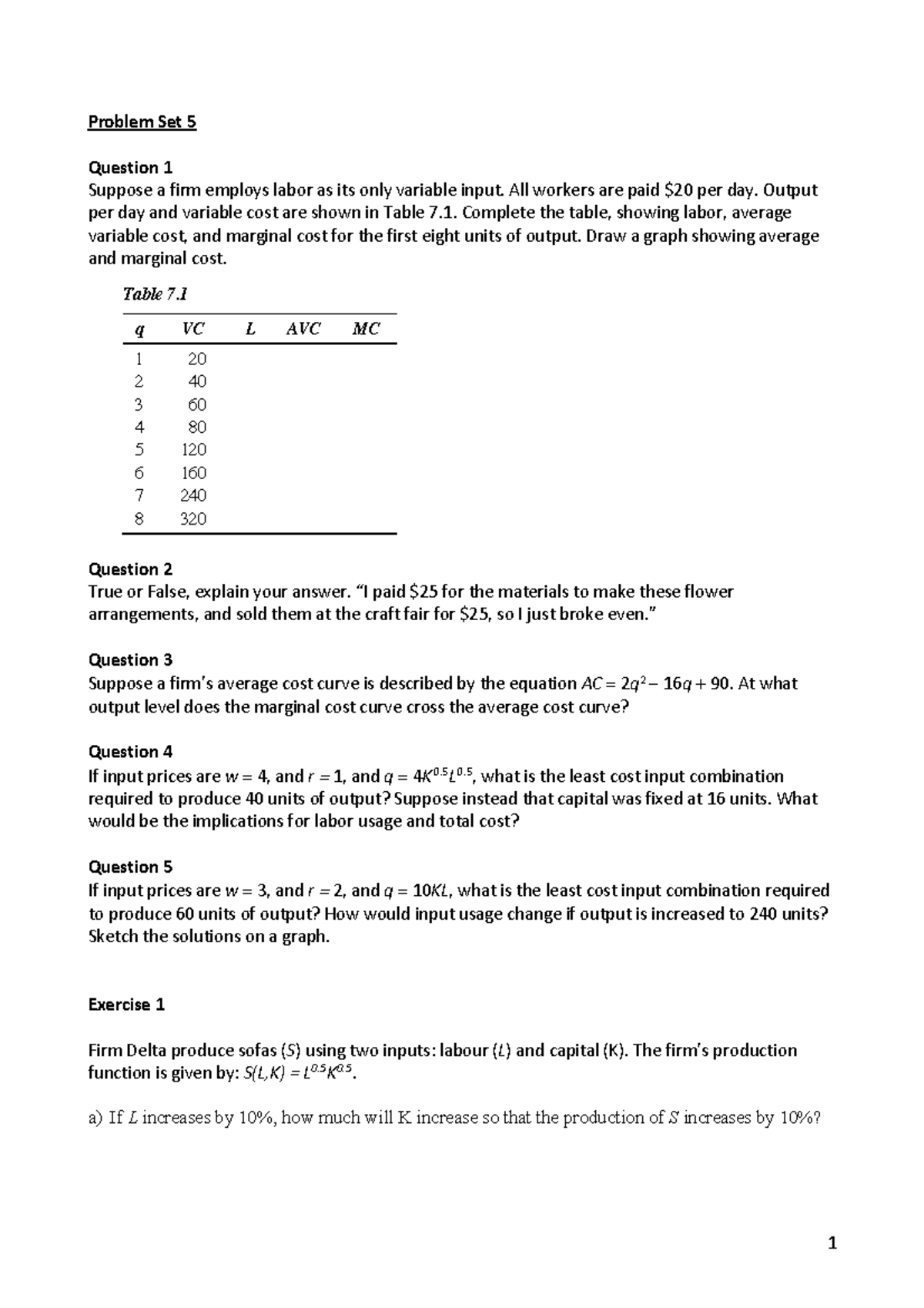 Problem Set 5 - 1 Problem Set 5 Question 1 Suppose a firm employs labor as its only variable ...