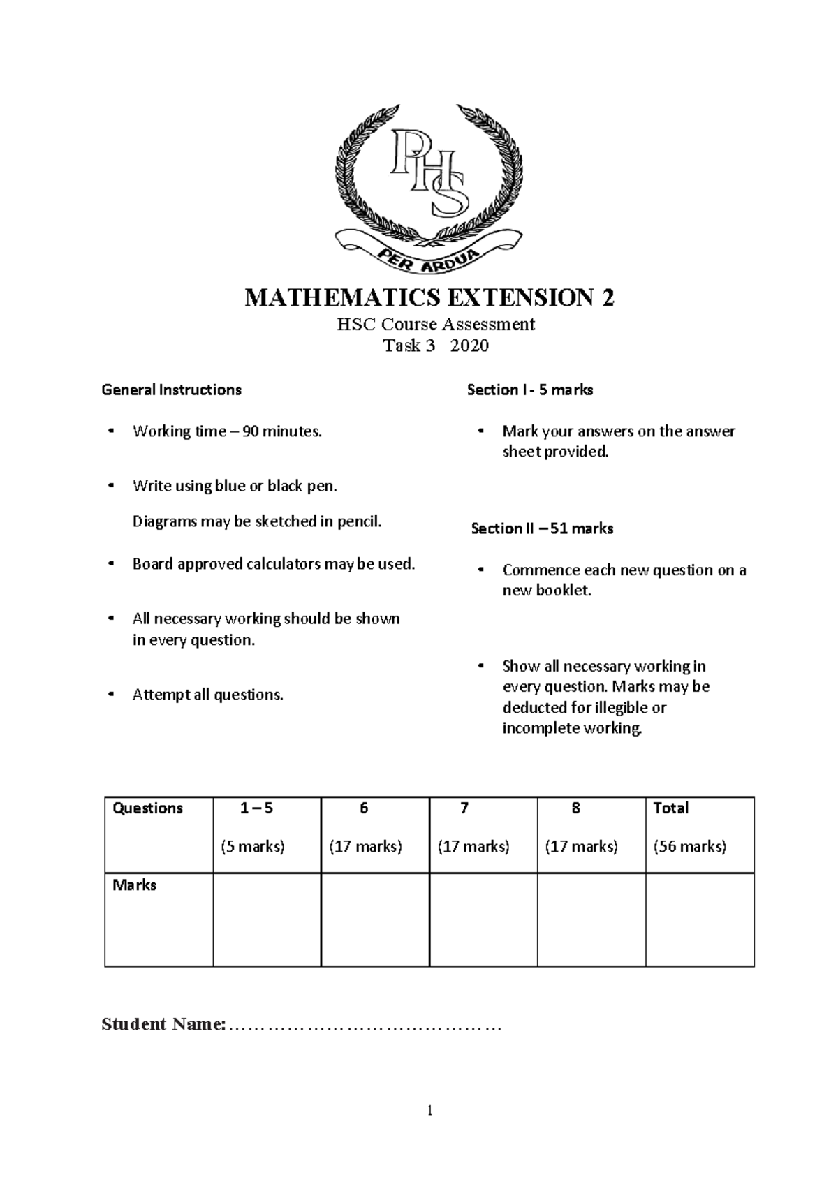 Prairiewood High School 2020 Ext 2 Task 3 - MATHEMATICS EXTENSION 2 HSC ...