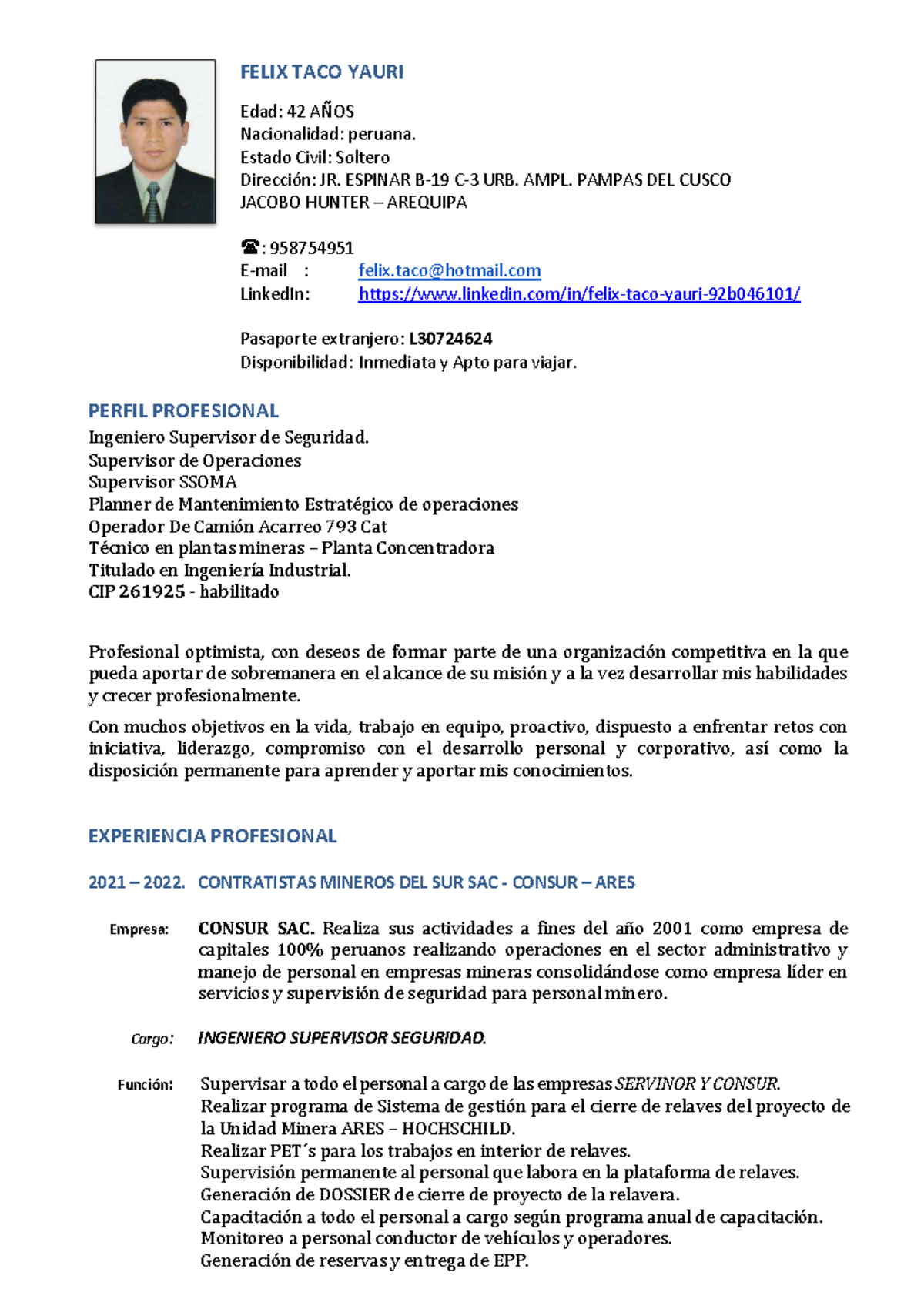 CV - Felix Taco Yauri - FELIX TACO YAURI Edad: 42 AÑOS Nacionalidad ...