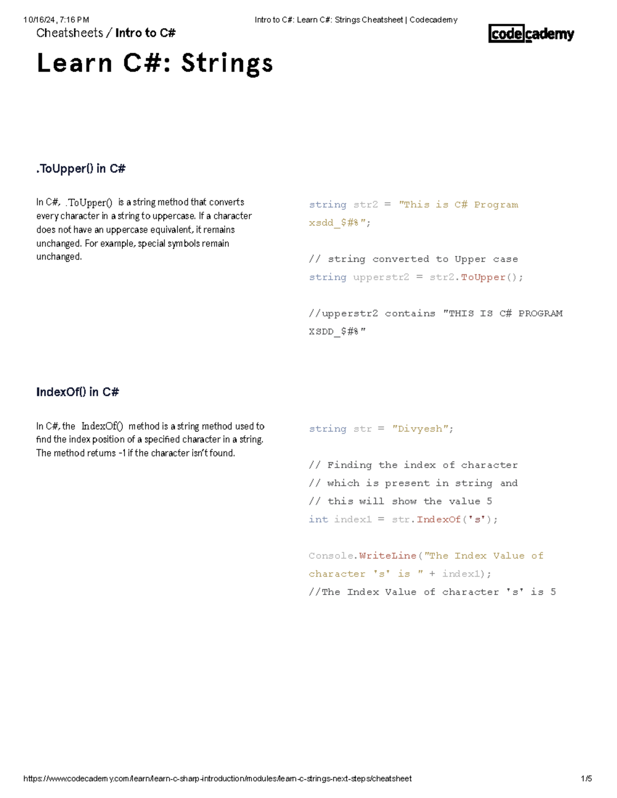 C# Strings Cheatsheet - Practice material - In C#, .ToUpper() is a string method that converts ...