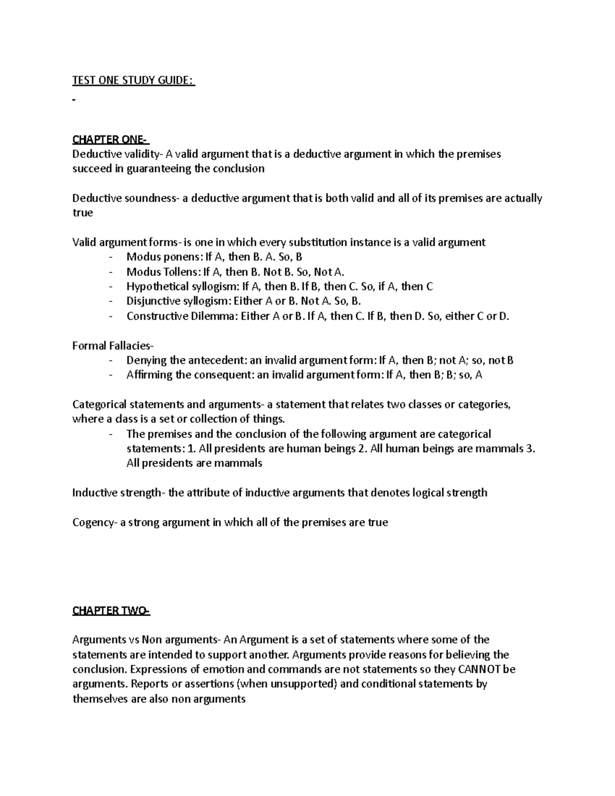 TEST ONE Study Guide - PHIL 1440 - CU Boulder - Studocu