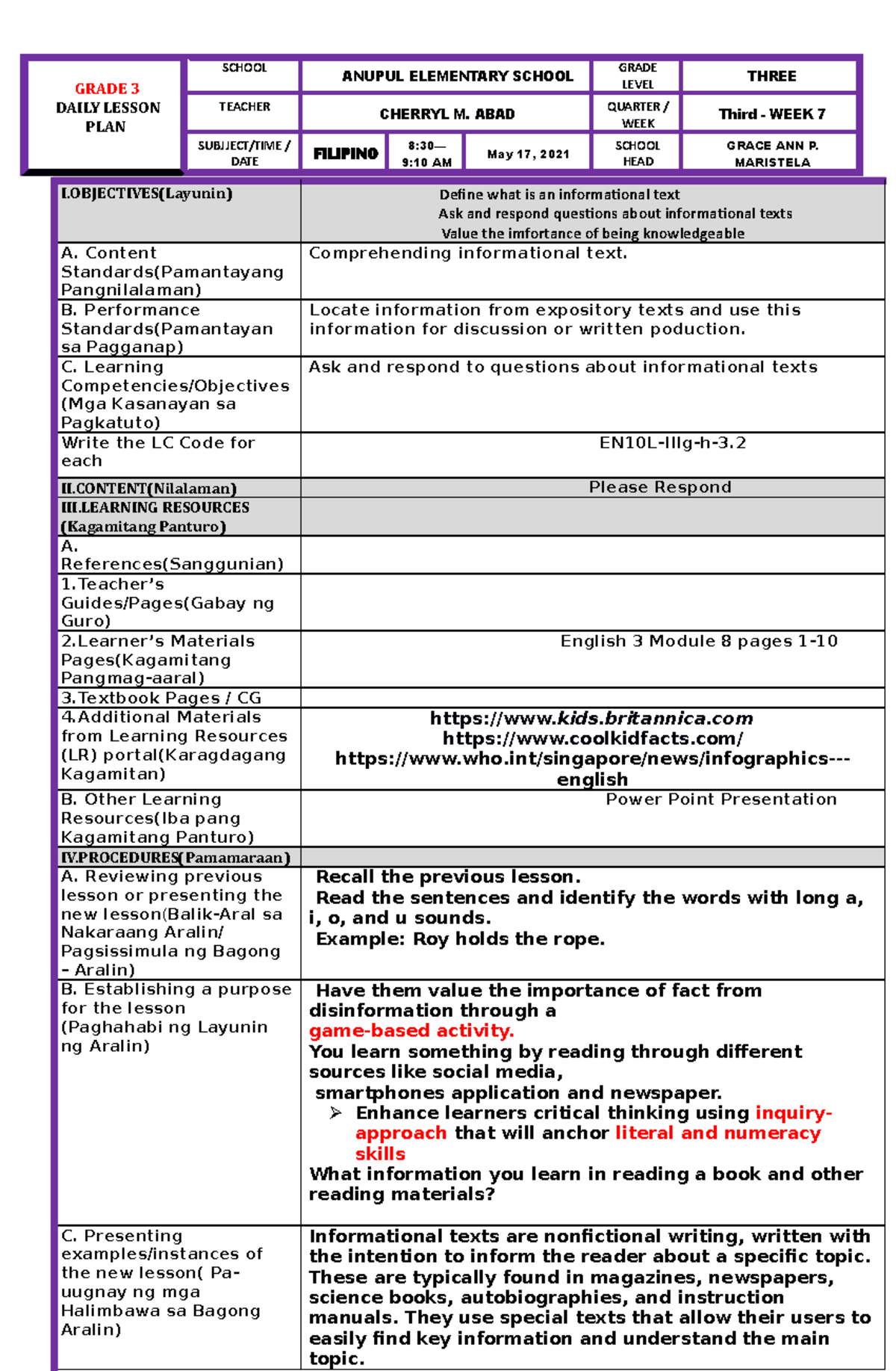 COT 2 Grade 3 English 3rd Qtr CHE - GRADE 3 DAILY LESSON PLAN SCHOOL ...