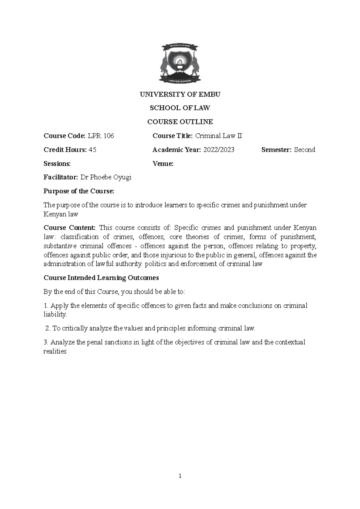 Course Outline Lpr 106 Criminal Law Ii University Of Embu School Of Law Course Outline Course