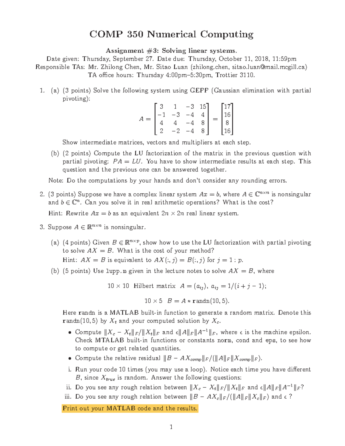 Cswk3 Comp 350 Numerical Computing Assignment 3 Solving Linear Systems Date Given Thursday