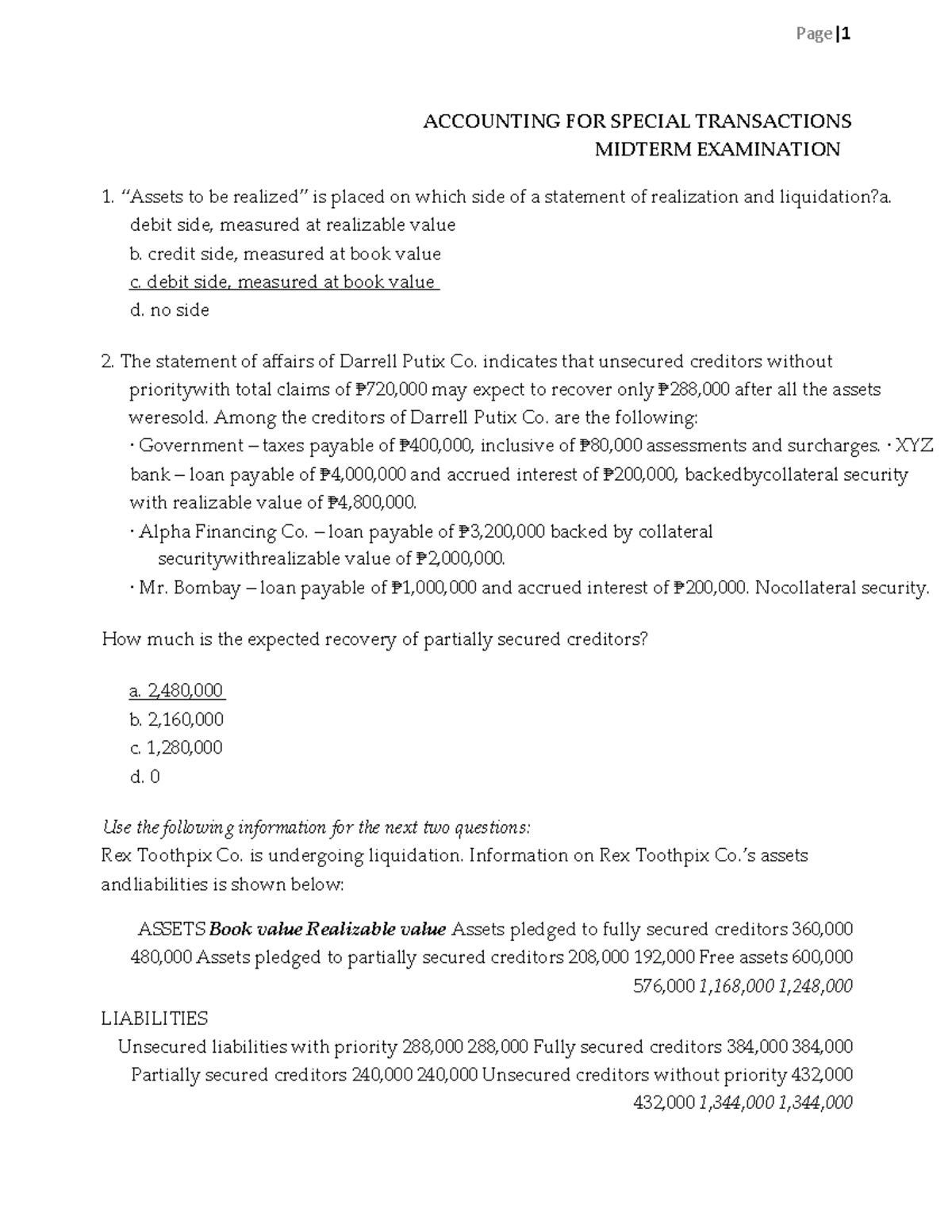 492137041 Midterm Exam AST With Answers docx - Page| 1 ACCOUNTING FOR SPECIAL TRANSACTIONS ...