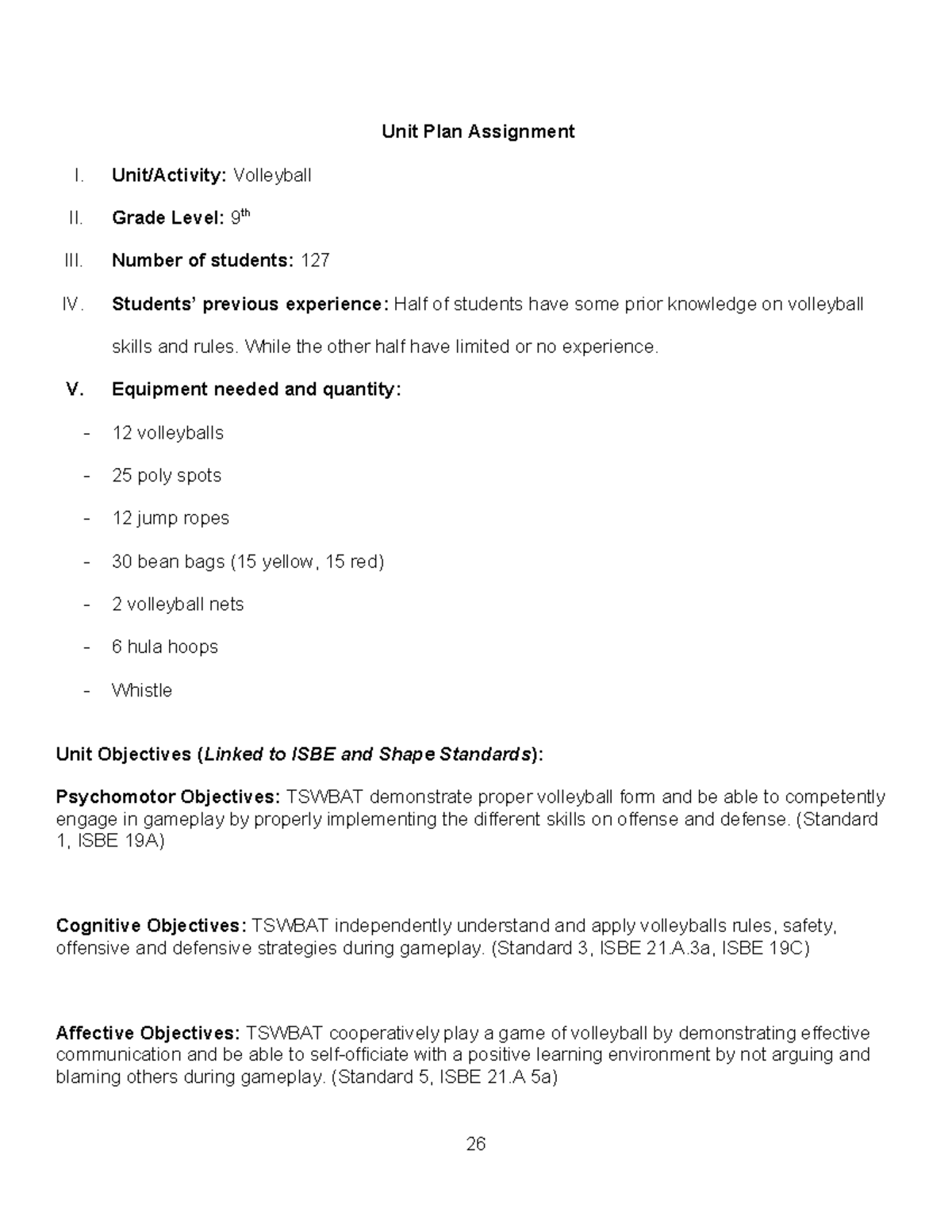 Volleyball unit plan for seconday level - Unit Plan Assignment I. Unit ...
