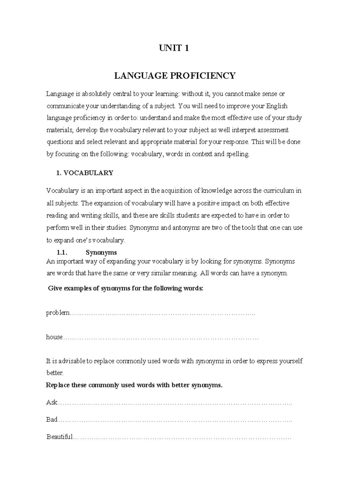 CAP Material 2 - study - UNIT 1 LANGUAGE PROFICIENCY Language is ...